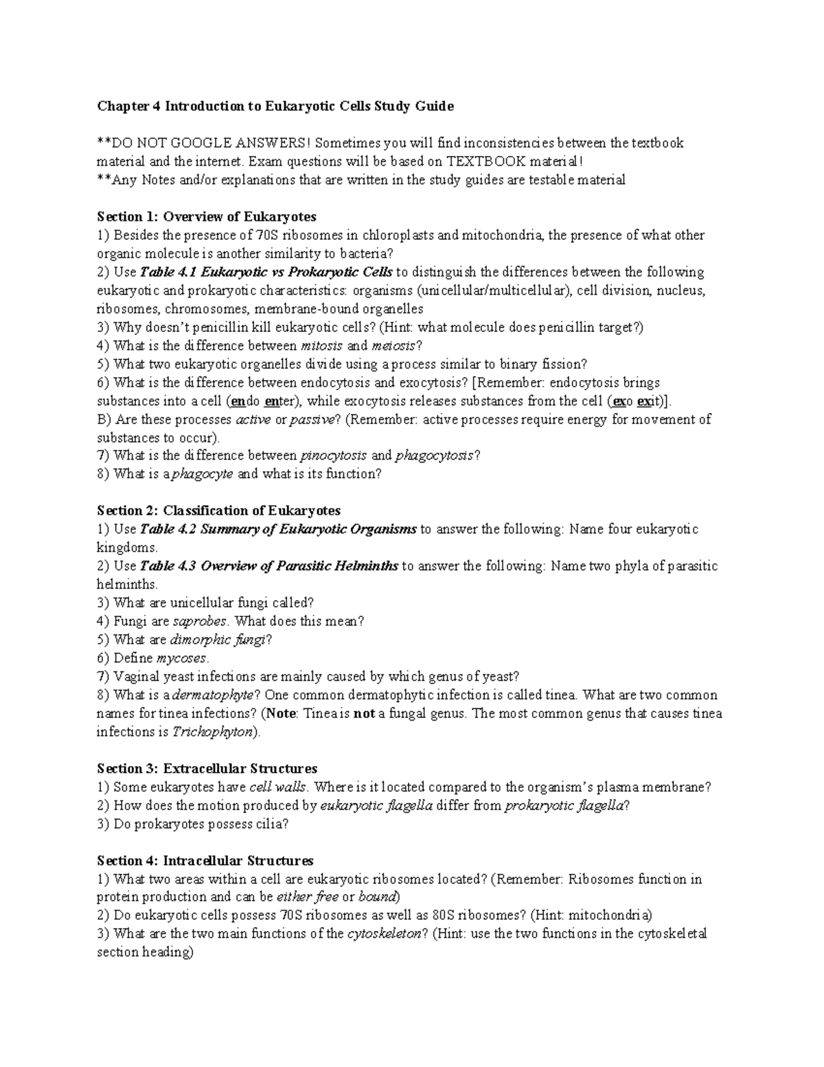 Chapter 4 Eukaryotic Cells Study Guide (Bio 101) - Key Concepts ...