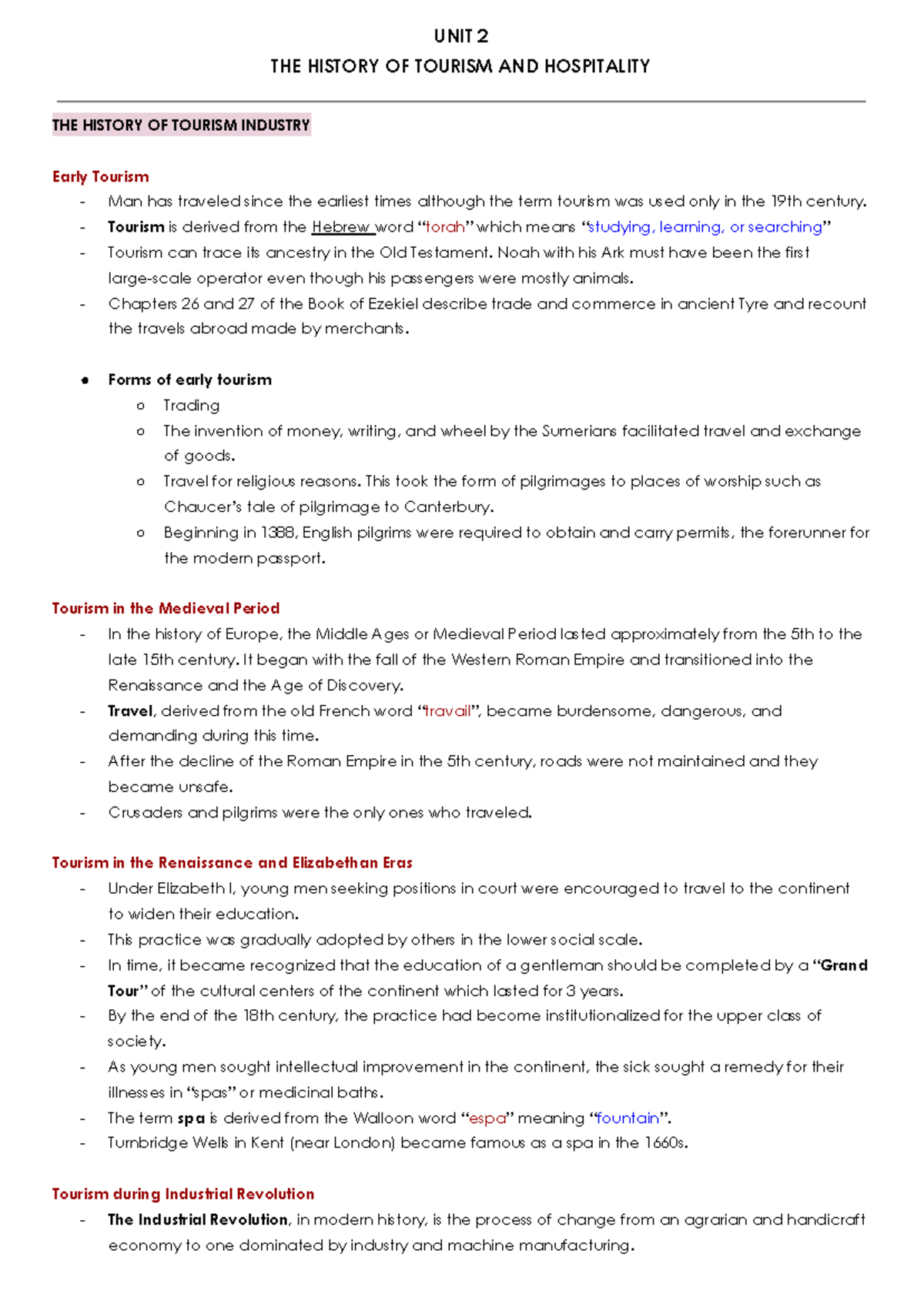 UNIT 2 THE History OF Tourism AND Hospitality - UNIT 2 THE HISTORY OF ...