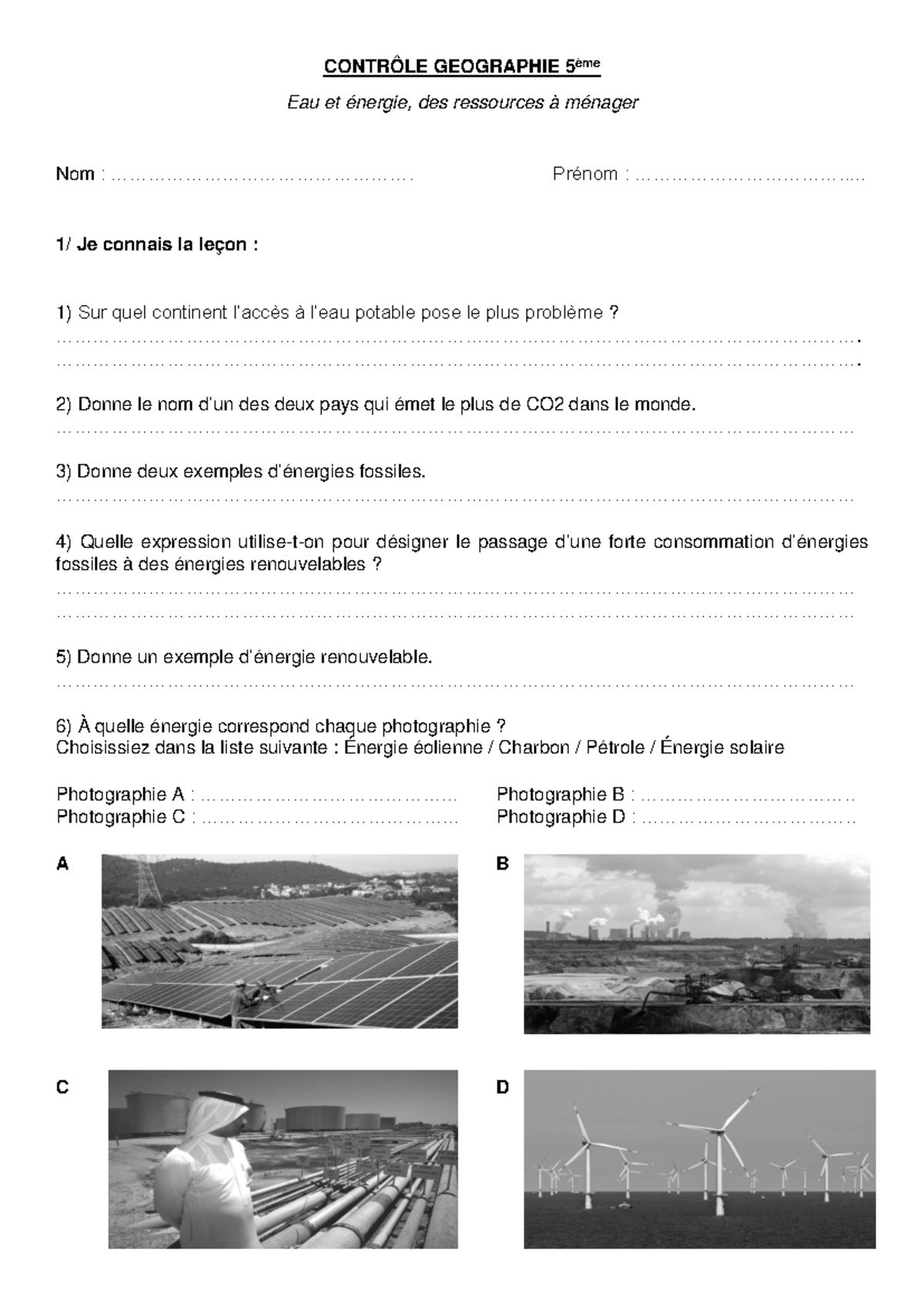 Contrôle Géographie 5ème : Eau et Énergie, Ressources à Gérer - Studocu