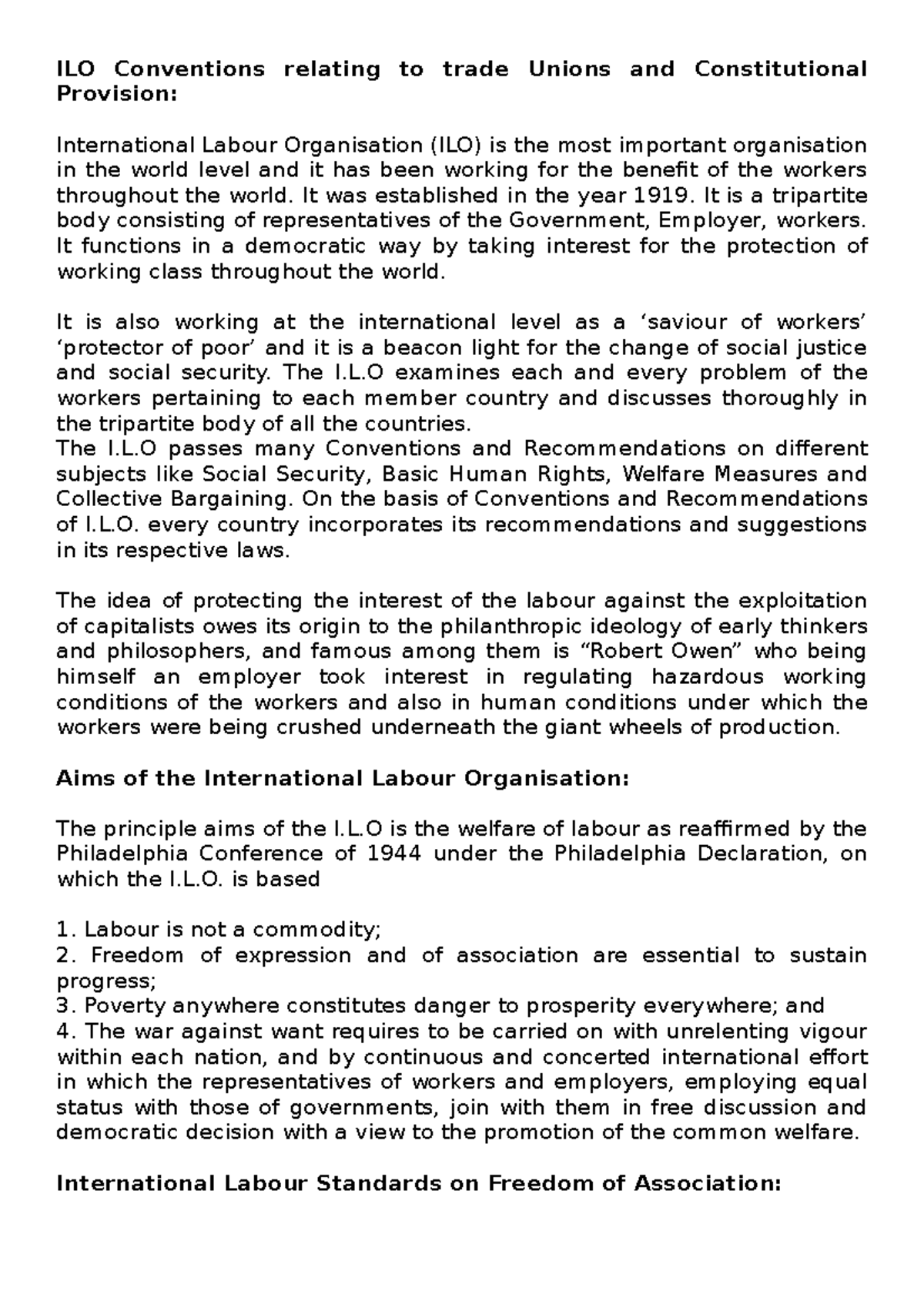International Labour organisation from labour law 1 - ILO Conventions ...