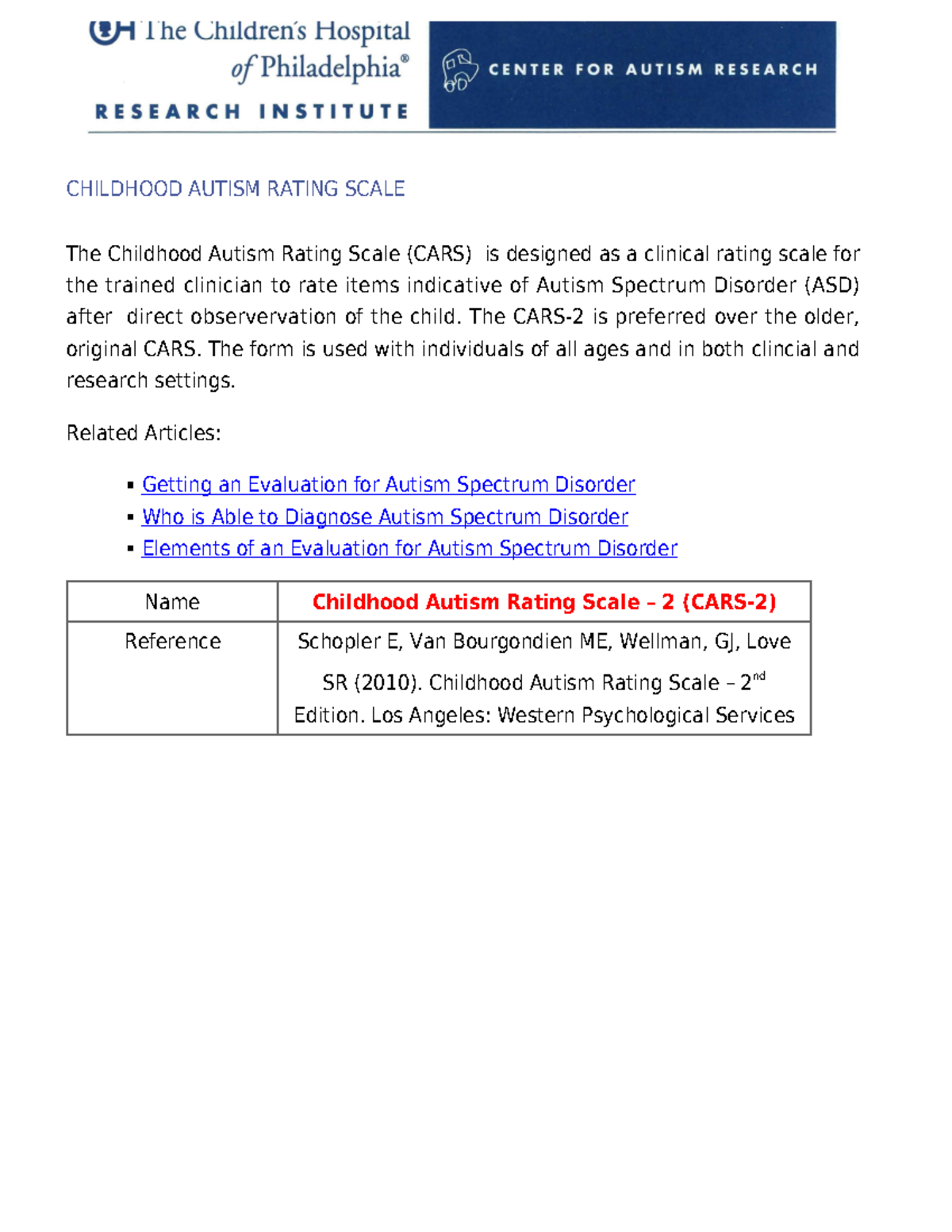 Cars 2 Autism Rating Scale