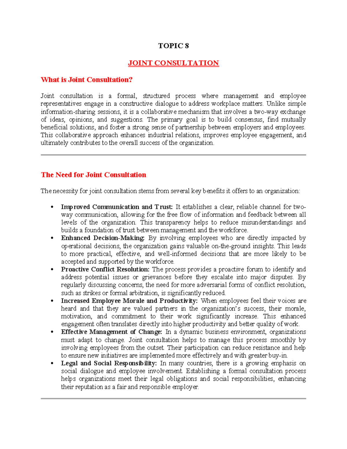 L.I.R Topic 8 - Joint Consultation Lecture Notes - Studocu