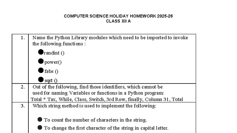 CS Holiday Homework Class XII A: Python & SQL Concepts - Studocu