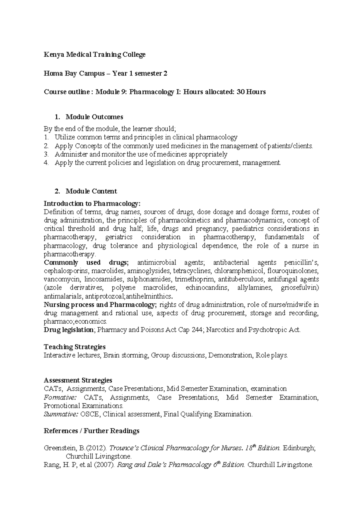 KMTC Homa Bay Campus Year 1 Sem 2 Module 9: Pharmacology I Outline ...