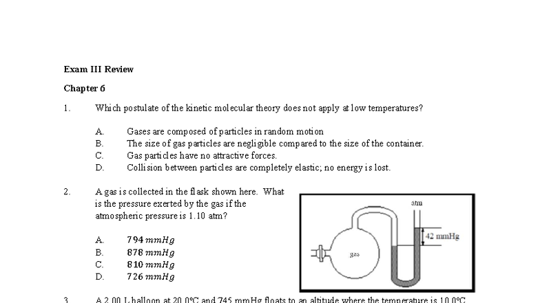 Exam III Review: Kinetic Molecular Theory & Gas Laws - Studocu