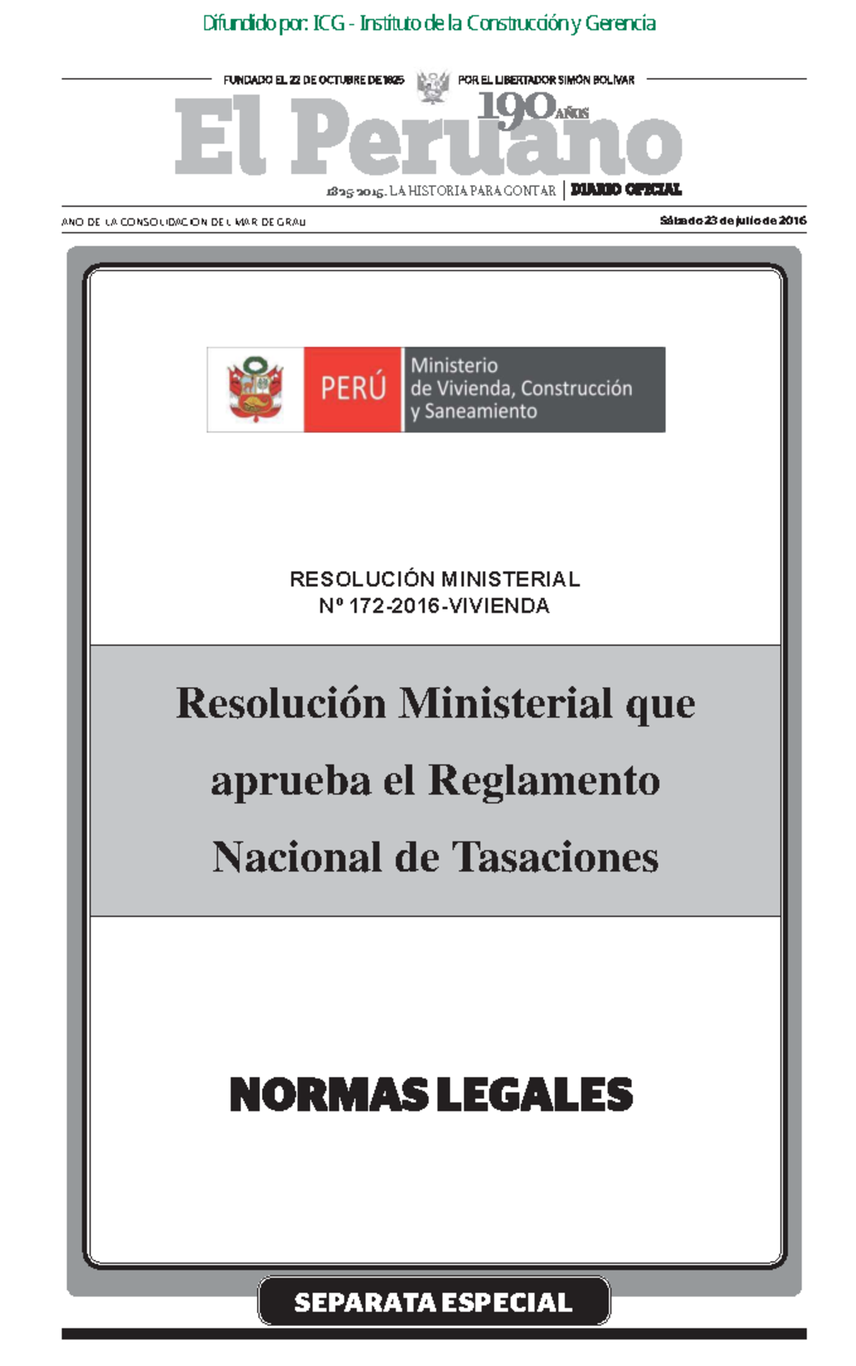 Reglamento Nacional de Tasaciones - RM 172-2016 - ICG - Studocu