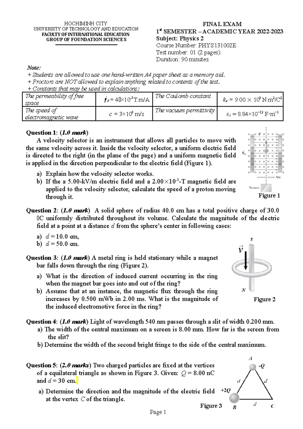 Final Exam PHYS131002E Principles of Physics 2 - 1st Semester 2022-23 ...