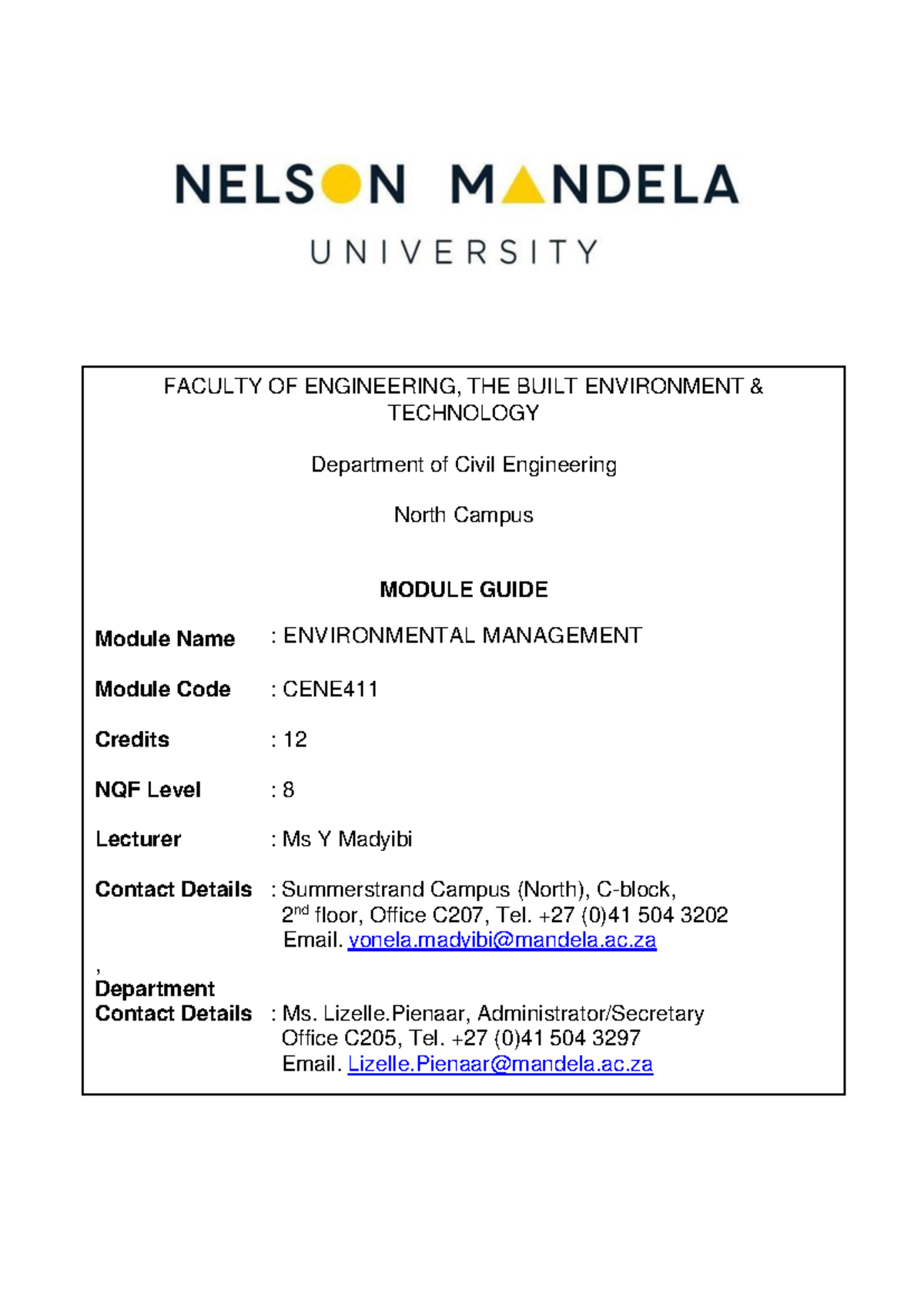 CENE411 Module Guide: Environmental Management Overview - Studocu