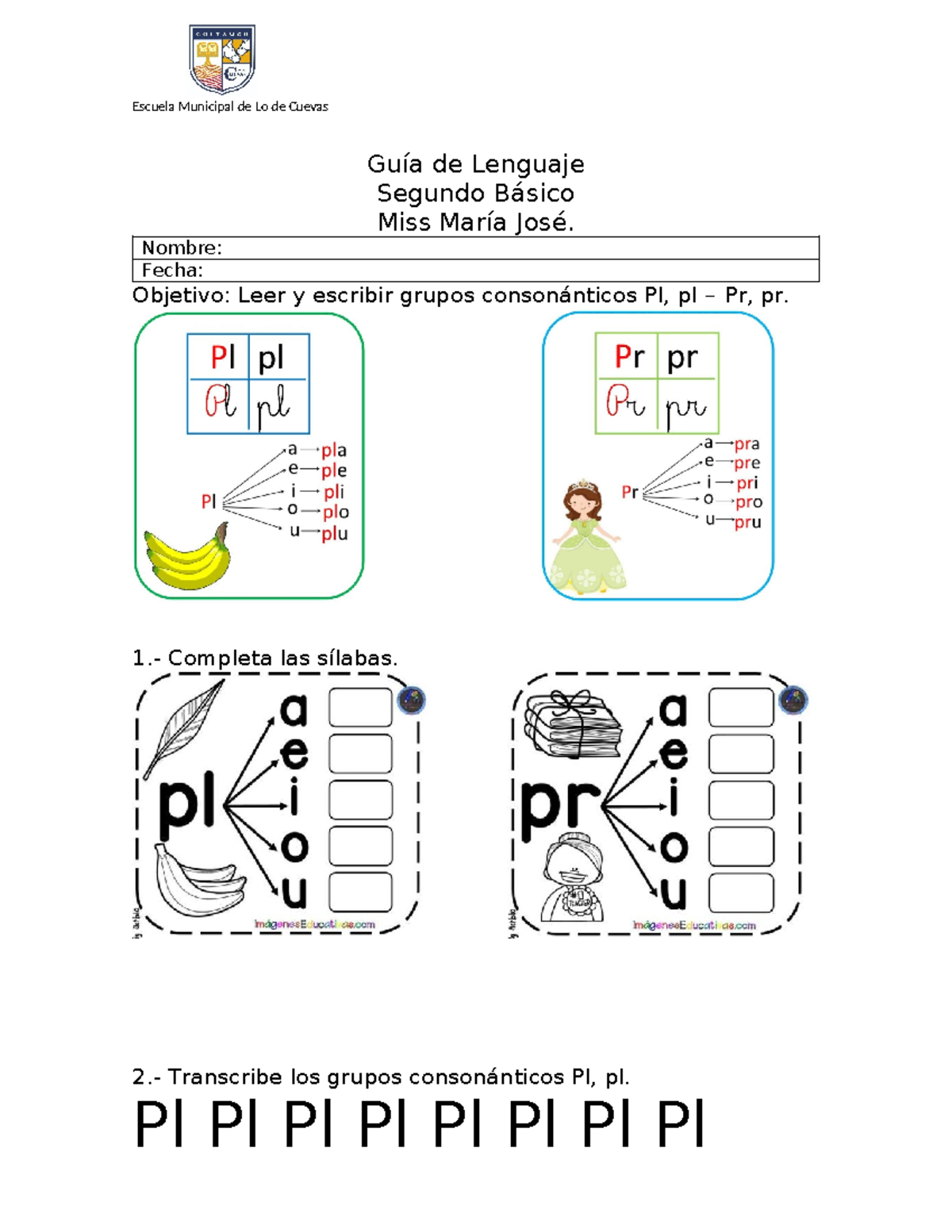 Guía de Lenguaje 2° Básico - Reforzamiento de Grupos Consonánticos Pl y ...