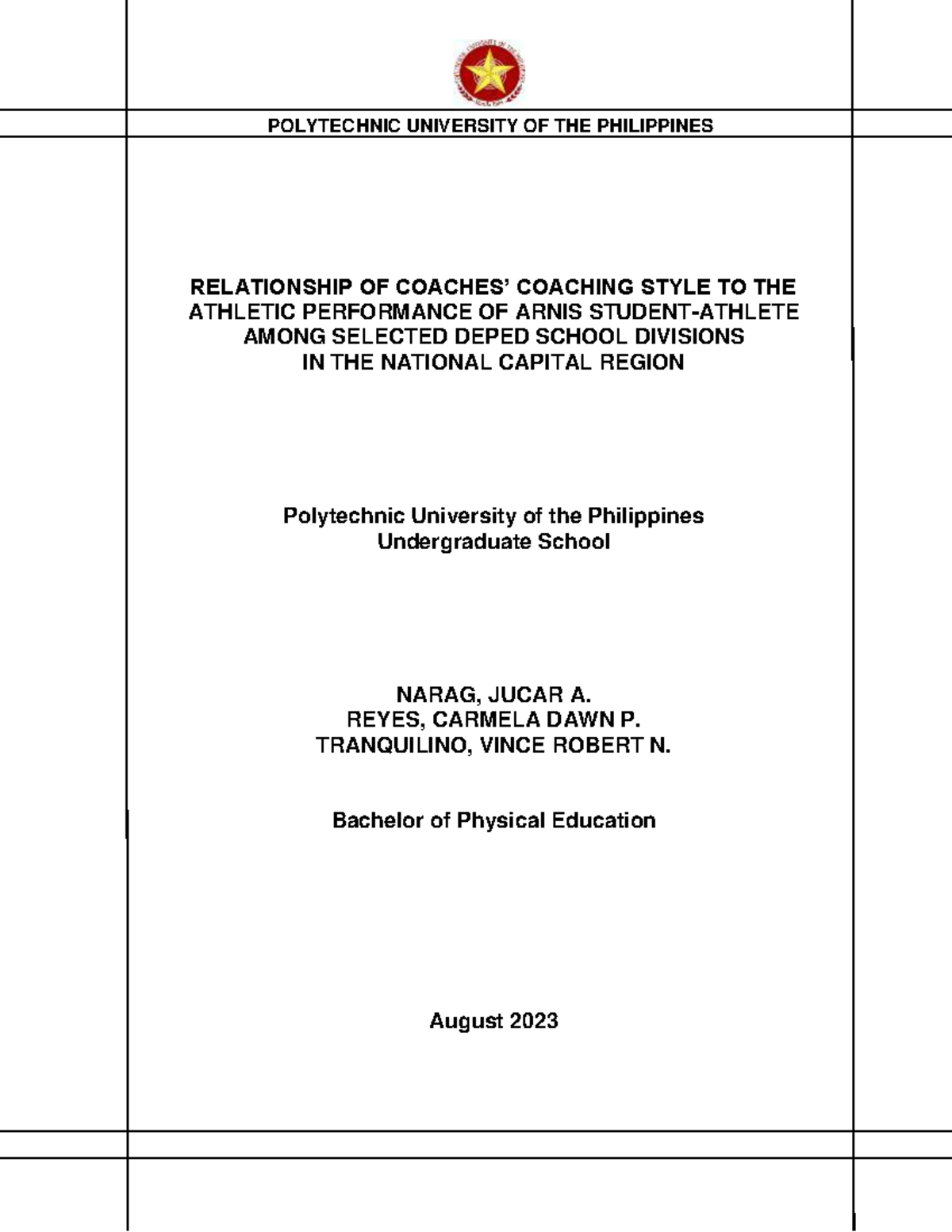 PUP Thesis: Coaching Styles and Athletic Performance in Arnis - Studocu