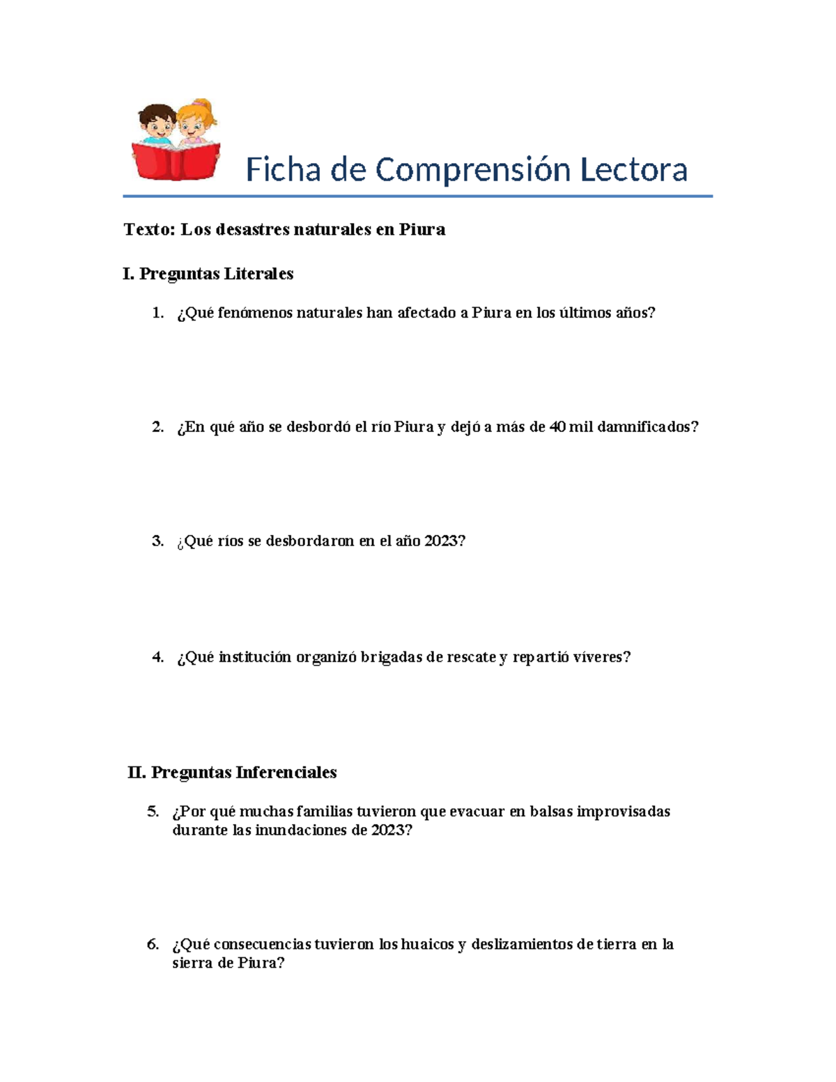 Ficha de Comprensión Lectora: Desastres Naturales en Piura - Studocu