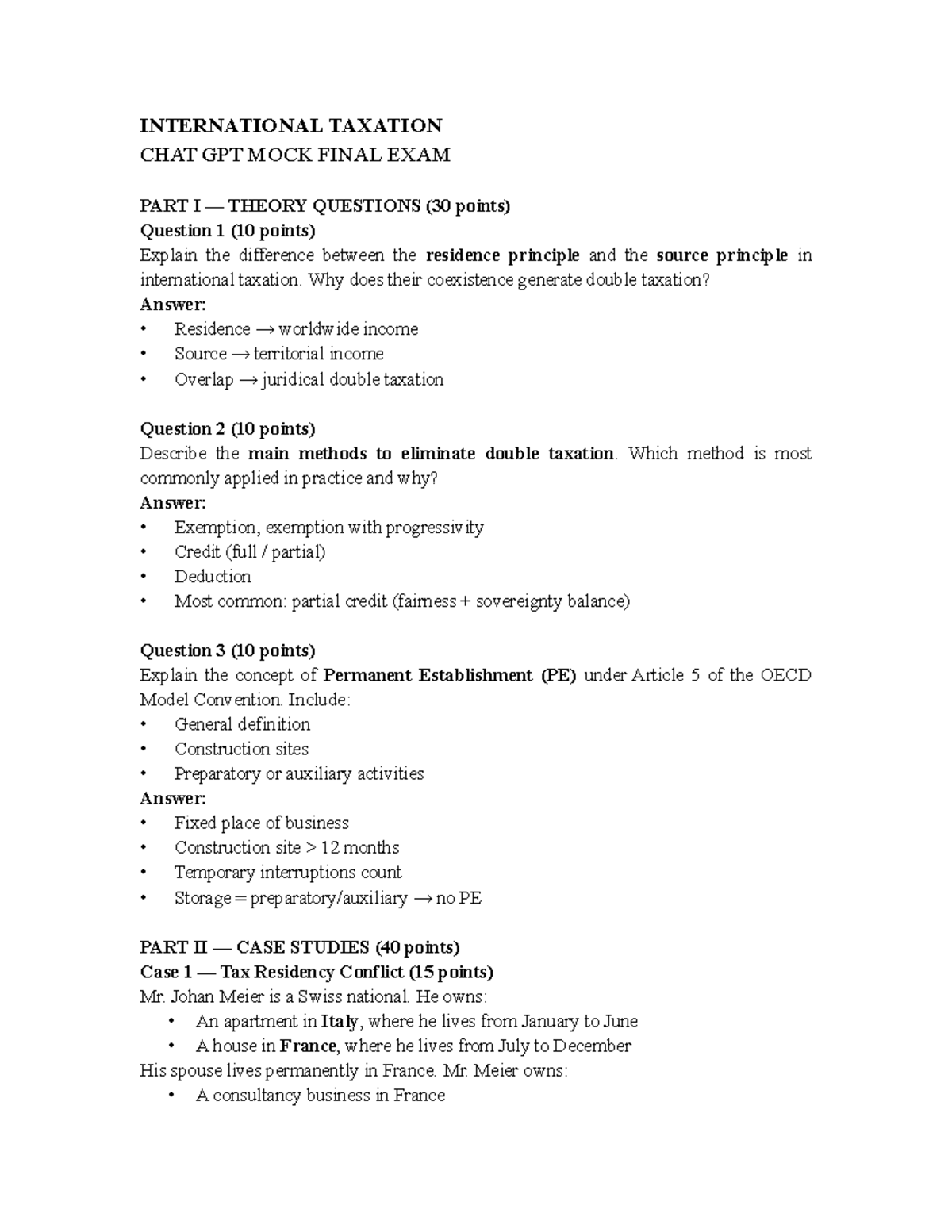 INTERNATIONAL TAXATION 2023 GPT MOCK FINAL EXAM PART I & II - Studocu