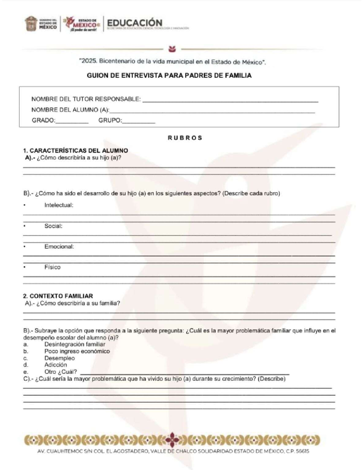 Guion de Entrevista para Padres de Familia - Educación MCR SAPRA - Studocu