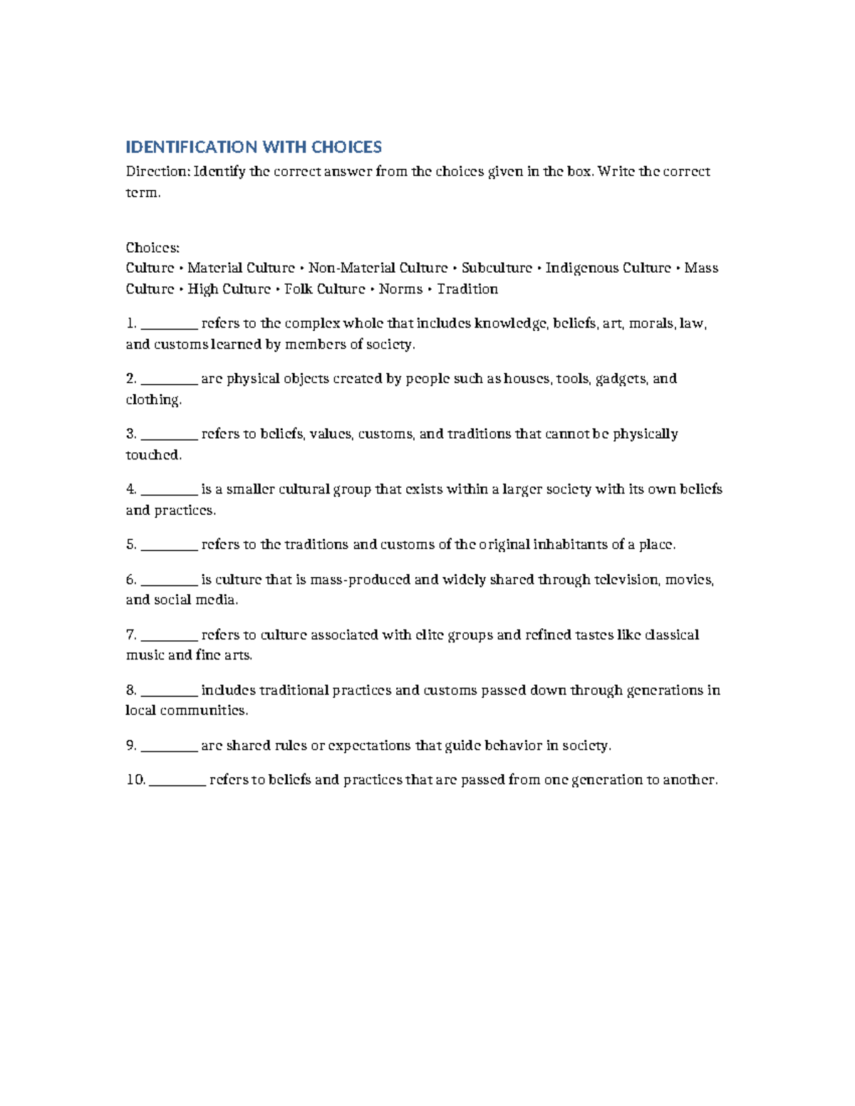Identification with Choices: Culture Exam - Studocu