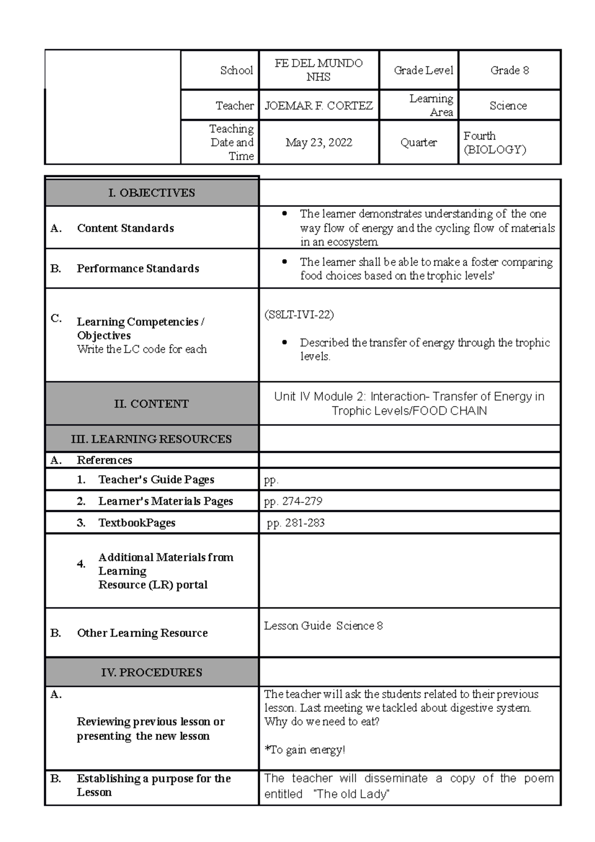 Science 8 Lesson Plan: Energy Transfer in Trophic Levels - Studocu