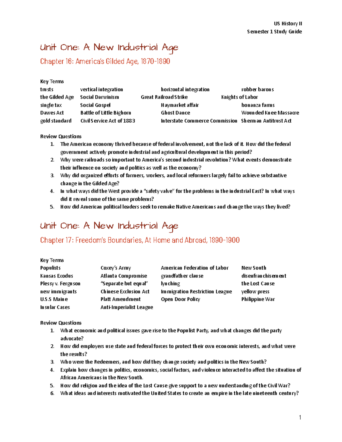US History II Semester 1 Study Guide: Industrial Age to WWI Insights ...