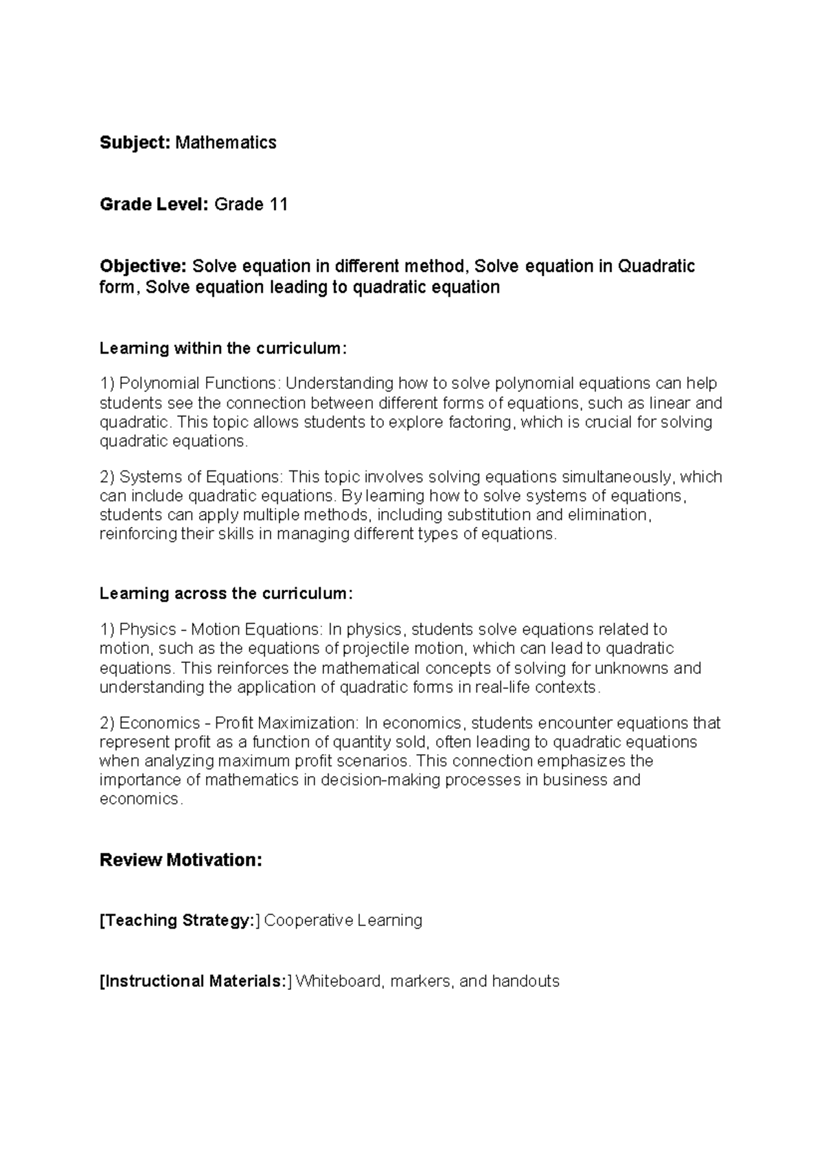 Lesson plan Quadratic Function - Subject: Mathematics Grade Level ...