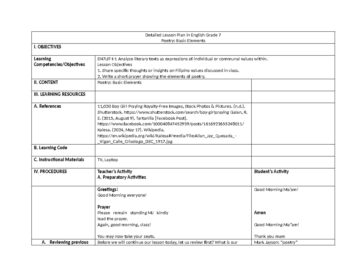 Detailed Lesson Plan: Poetry Basics for Grade 7 (EN7LIT-I-1) - Studocu