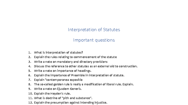 Important Questions on Interpretation of Statutes (Law 101) - Studocu