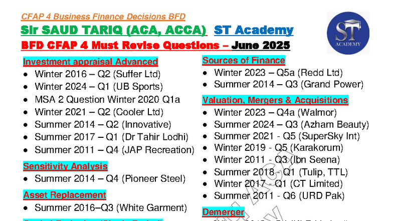 CFAP 4 BFD Must Revise Questions for June 2025 by Sir Saud Tariq - Studocu