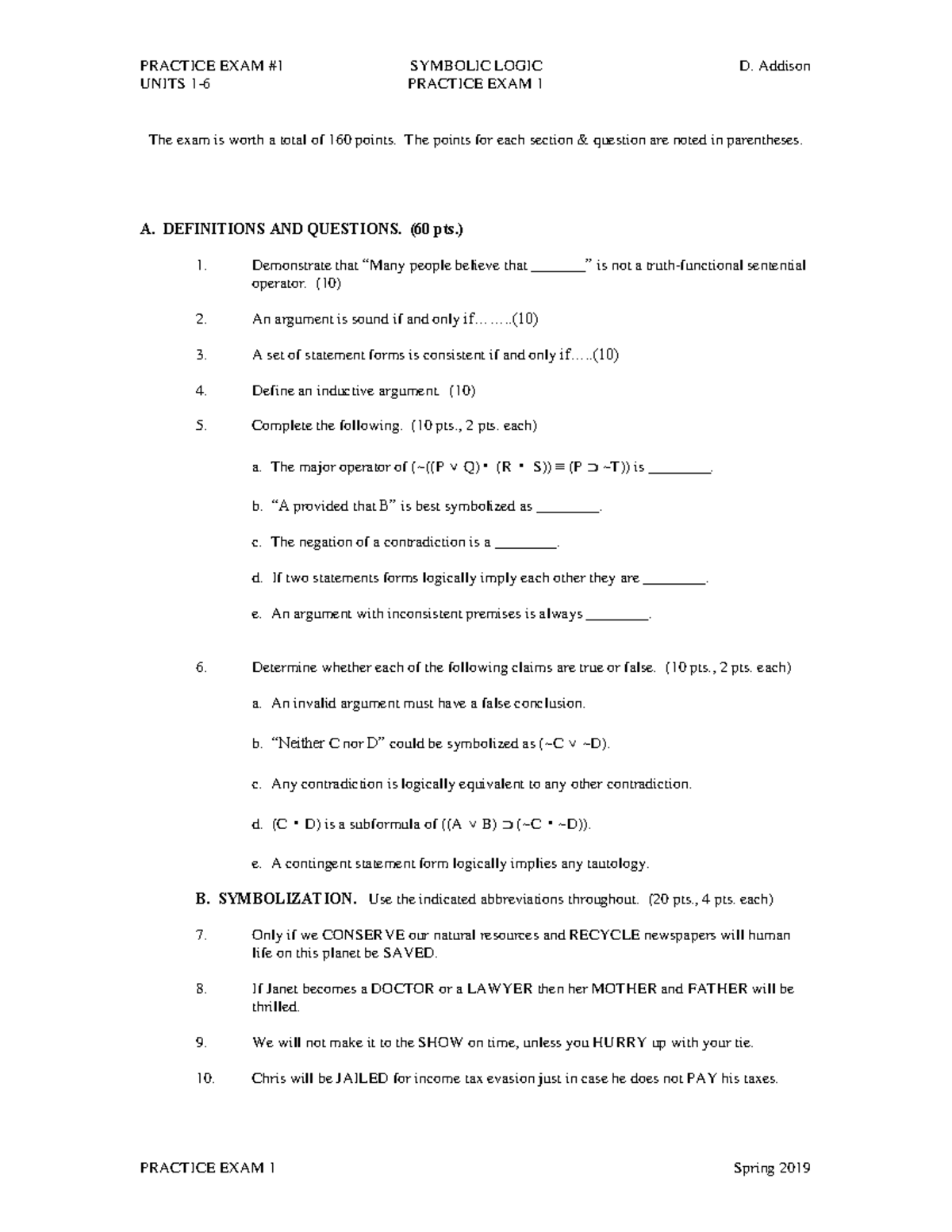 Practice Exam 1 (U1-6), PDF - PRACTICE EXAM #1 SYMBOLIC LOGIC D ...