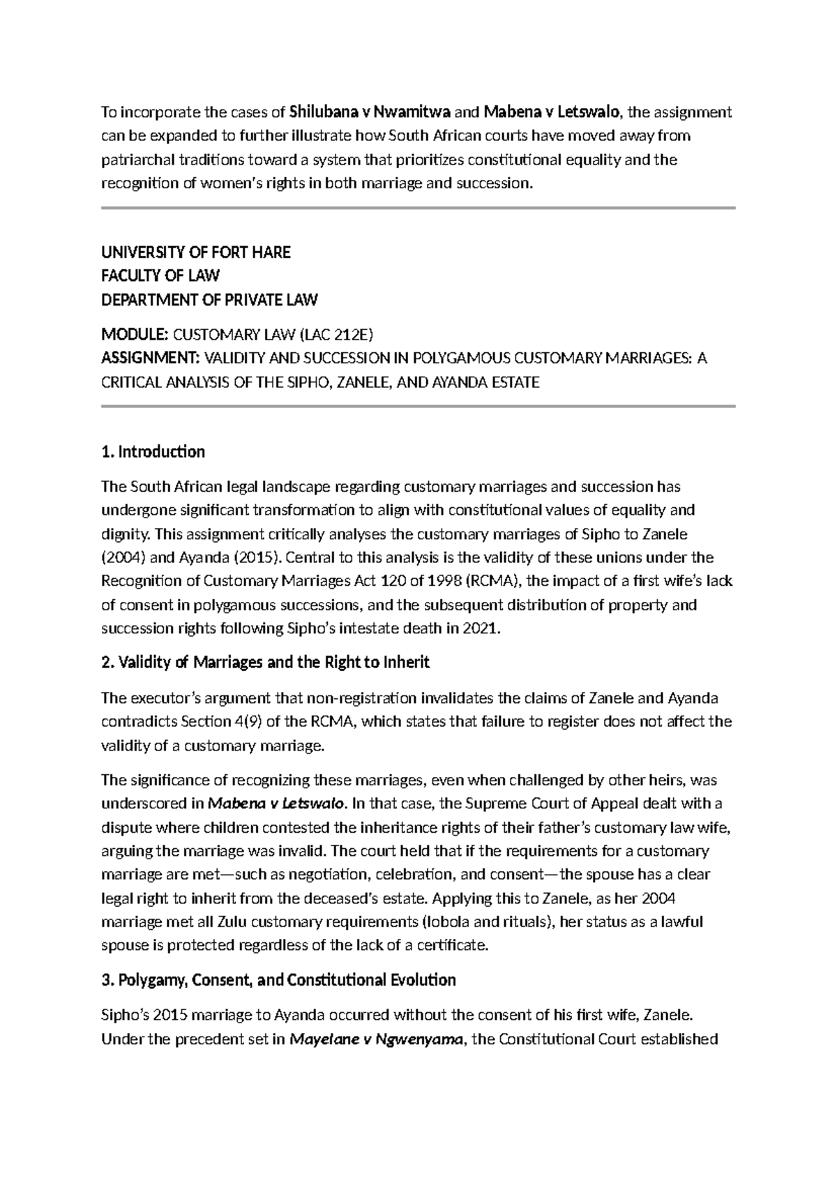 LAC 212E Assignment: Analyzing Customary Marriage Validity & Succession ...