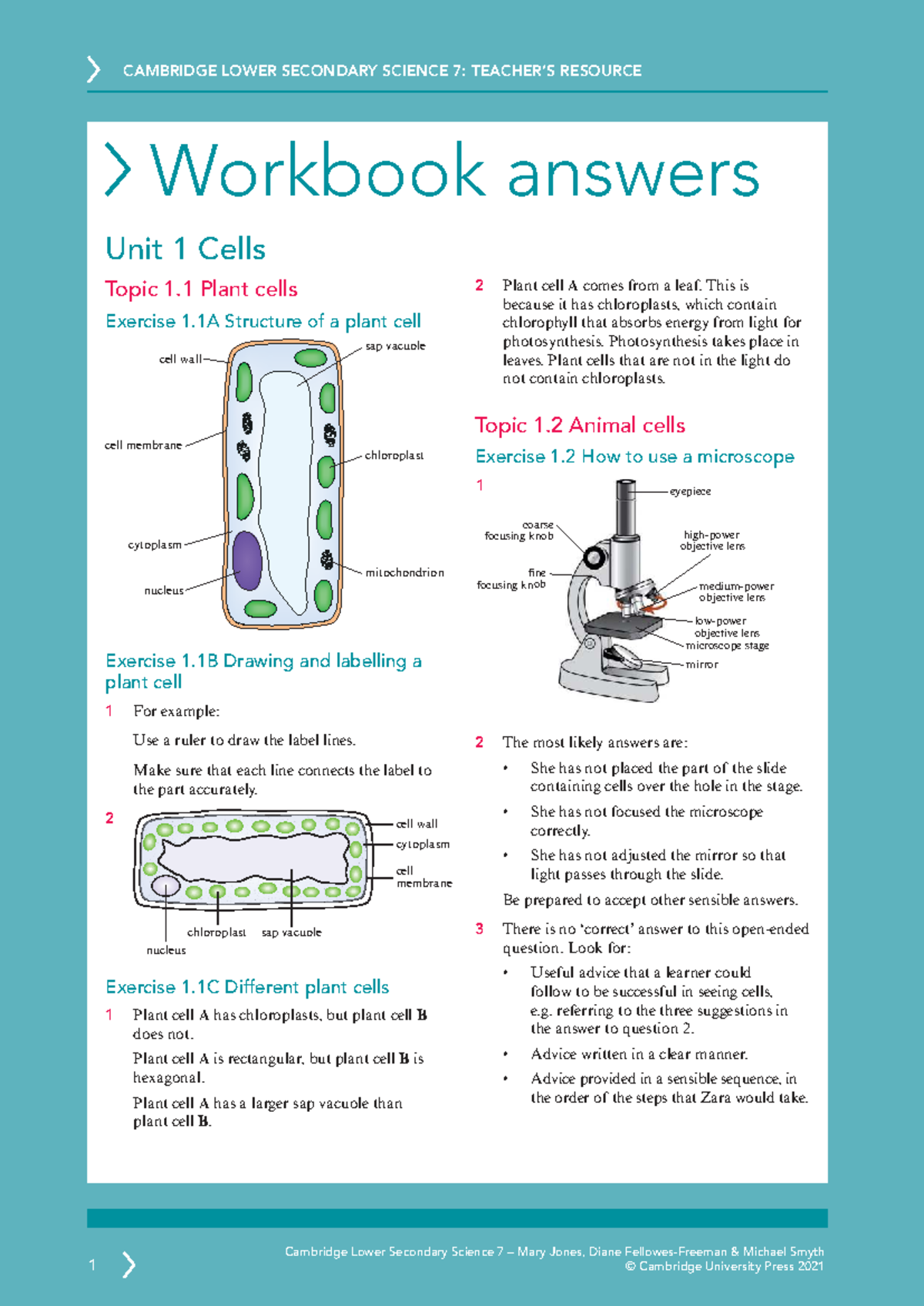 CAMBRIDGE LOWER SECONDARY SCIENCE 7: WORKBOOK ANSWERS Unit 1 to Unit 7 ...