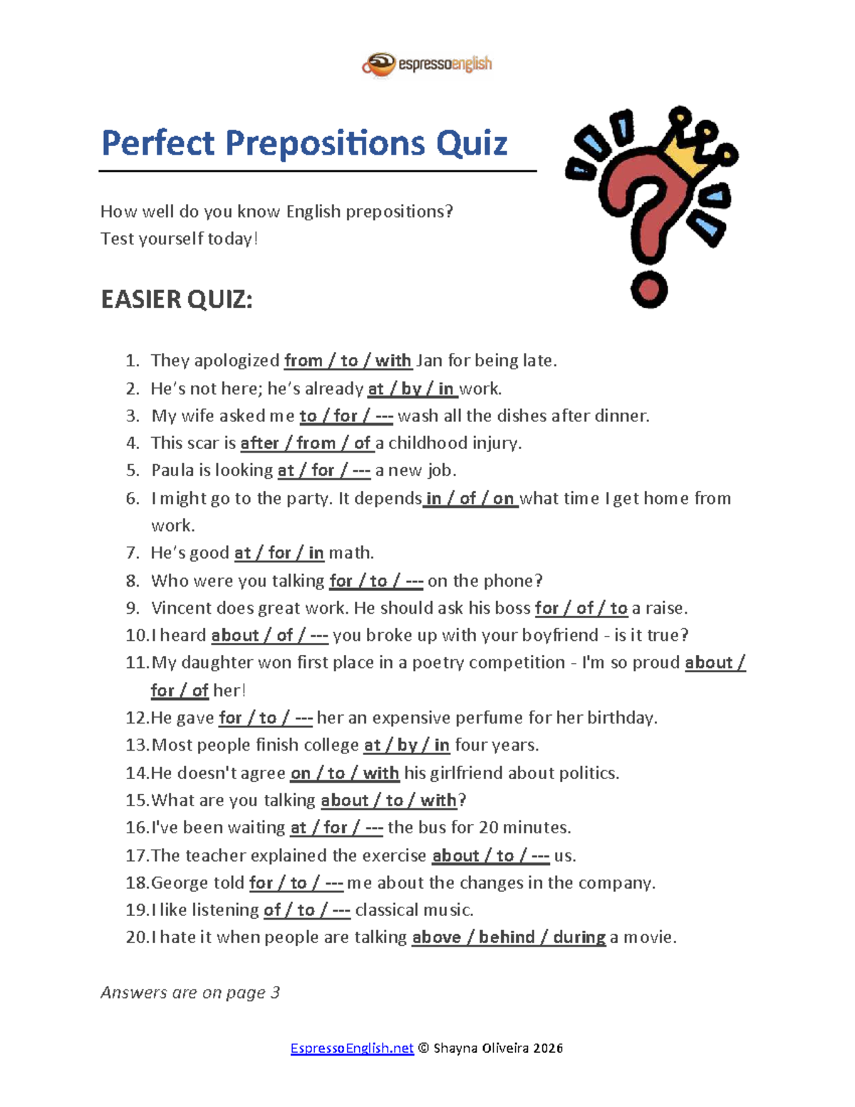 Perfect Prepositions Quiz: Test Your English Skills! - Studocu