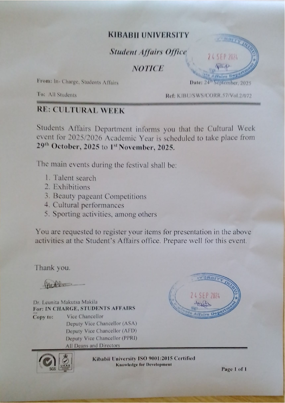 KIBABII UNIVERSITY Cultural Week Notice 2025: Events & Registration ...