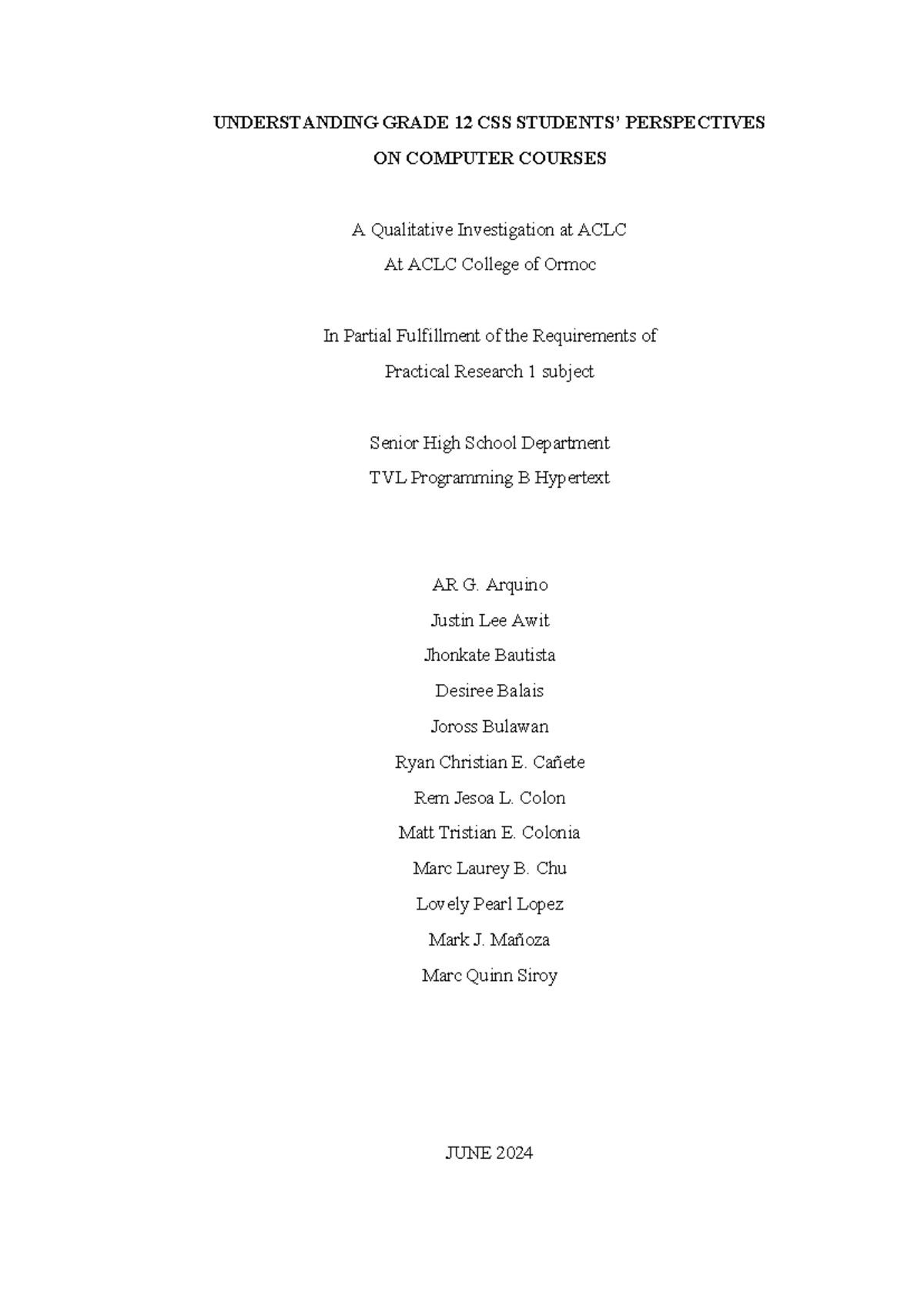 Grade 12 CSS Perspectives on Computer Literacy at ACLC: A Qualitative ...
