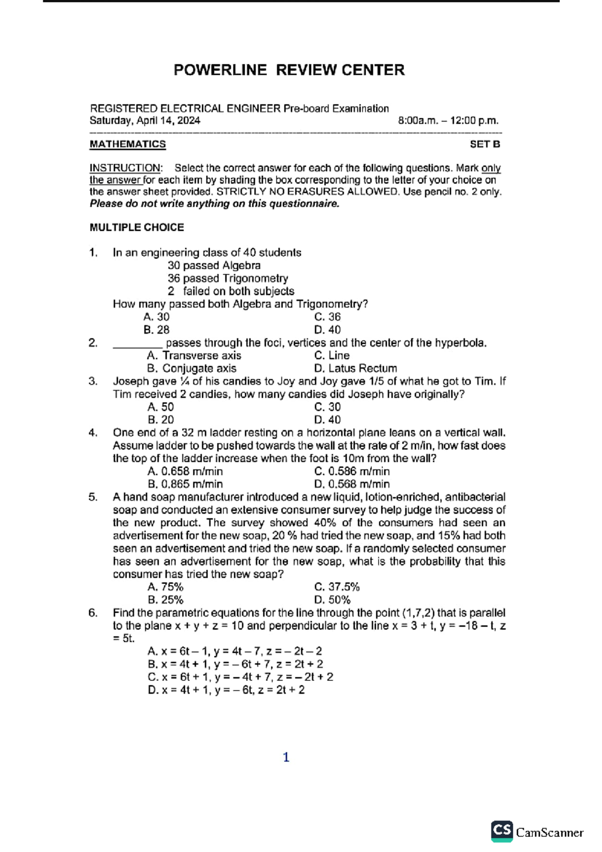 MATH 2024: Practice Problems for Registered Electrical Engineer Exam ...