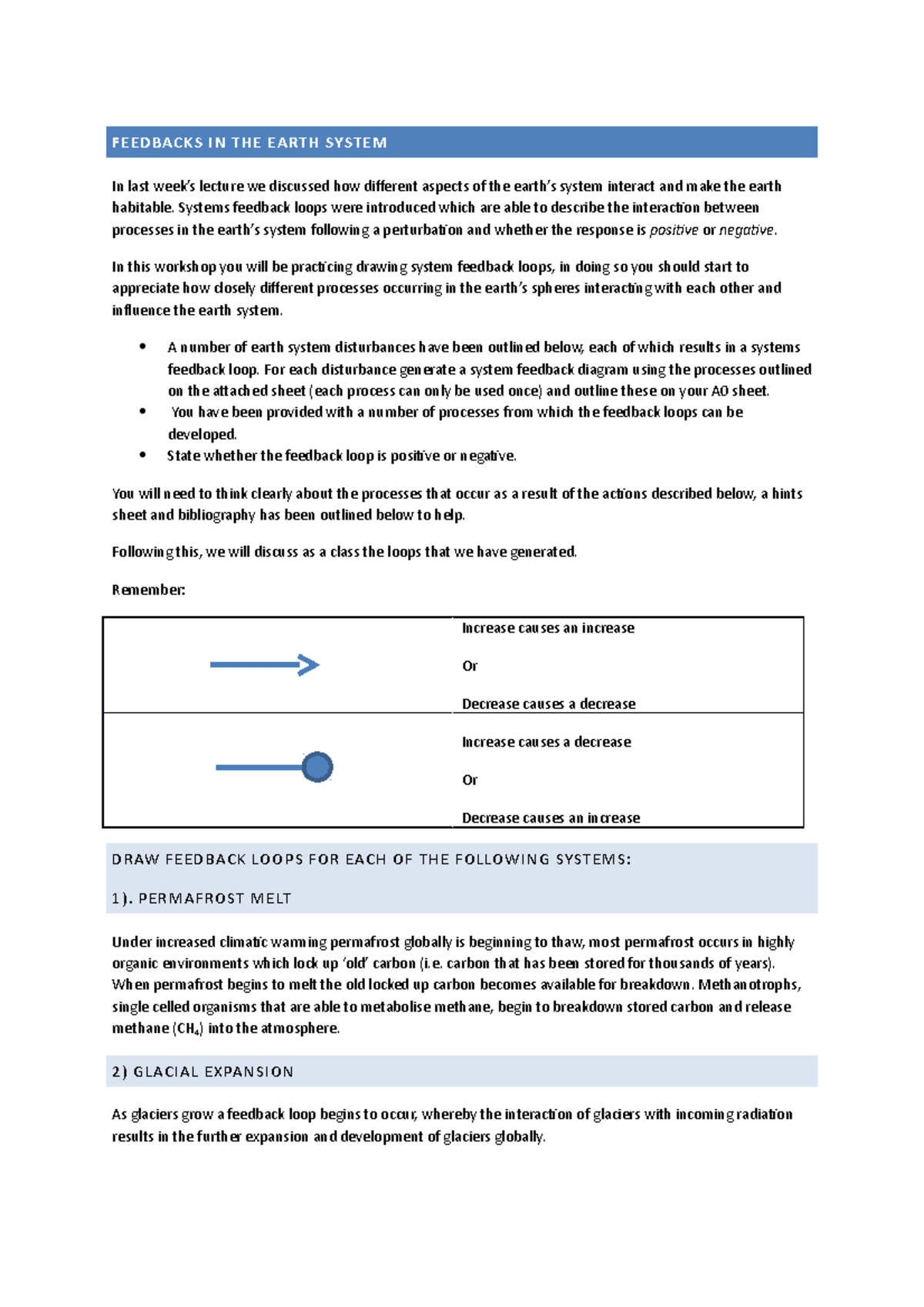 Feedbacks in the earths system worksheet - DUMF1043 - Glas - Studocu