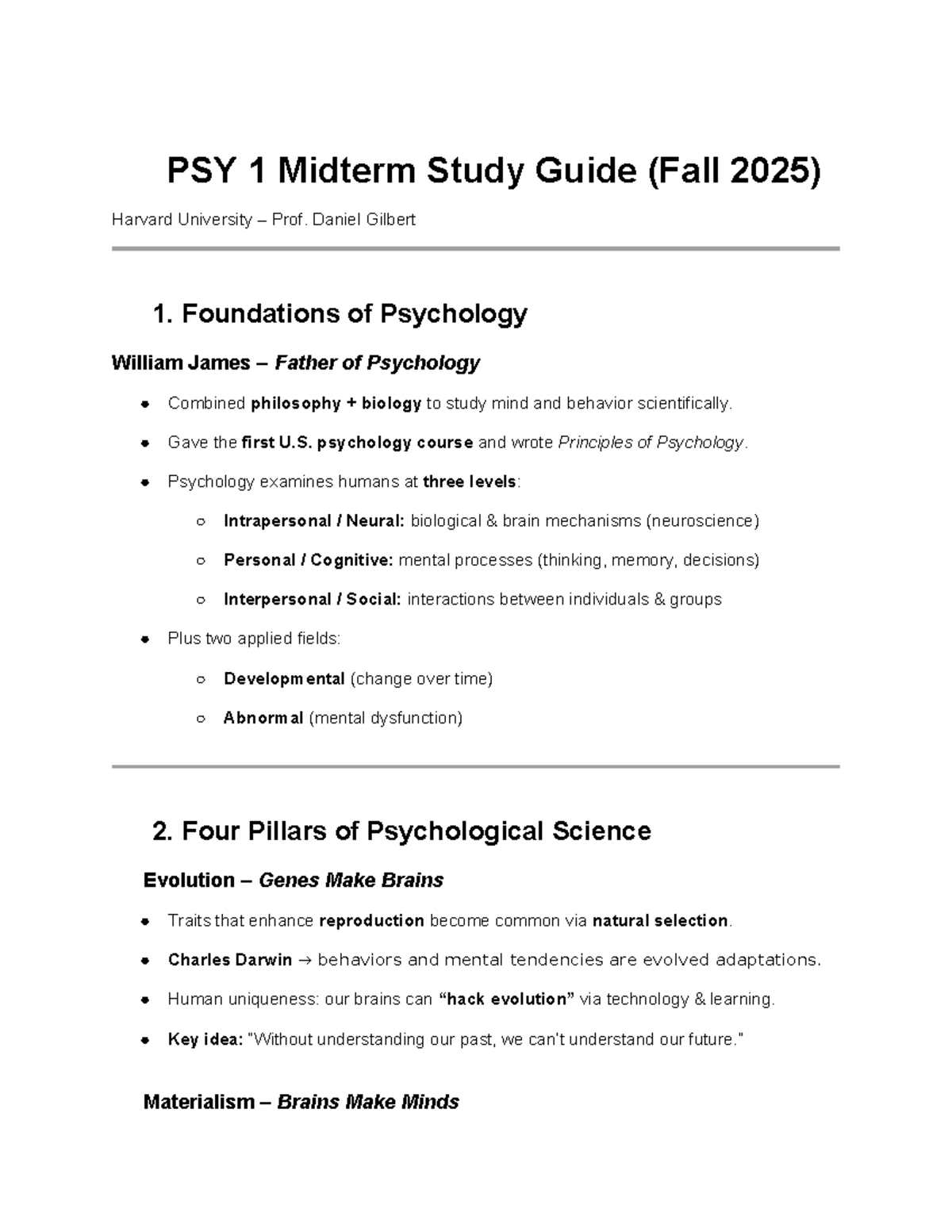 Psychology 1 Midterm Study Guide (PSY 1) - Fall 2025 - Studocu