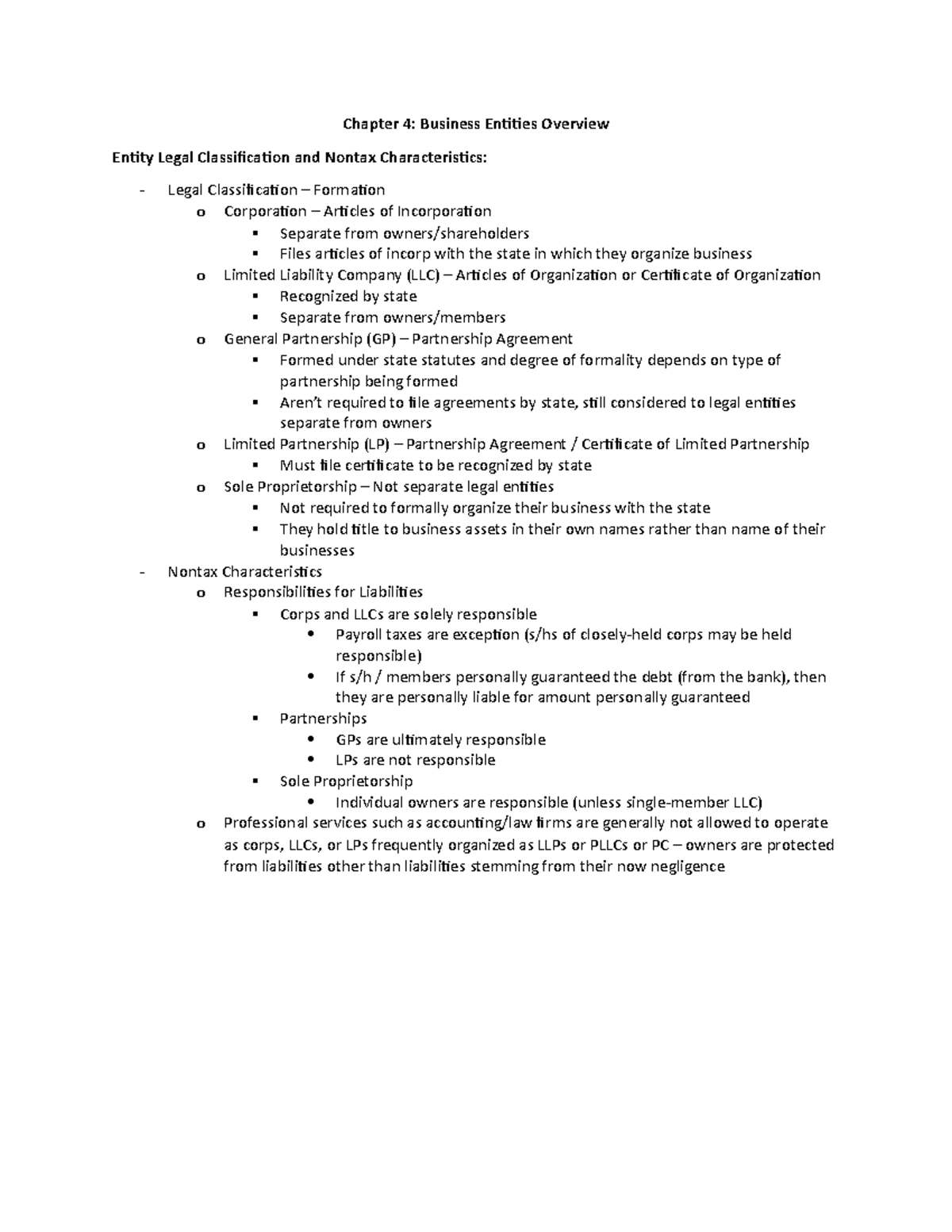 Chapter 4 Overview of Business Entities and Tax Implications - Studocu