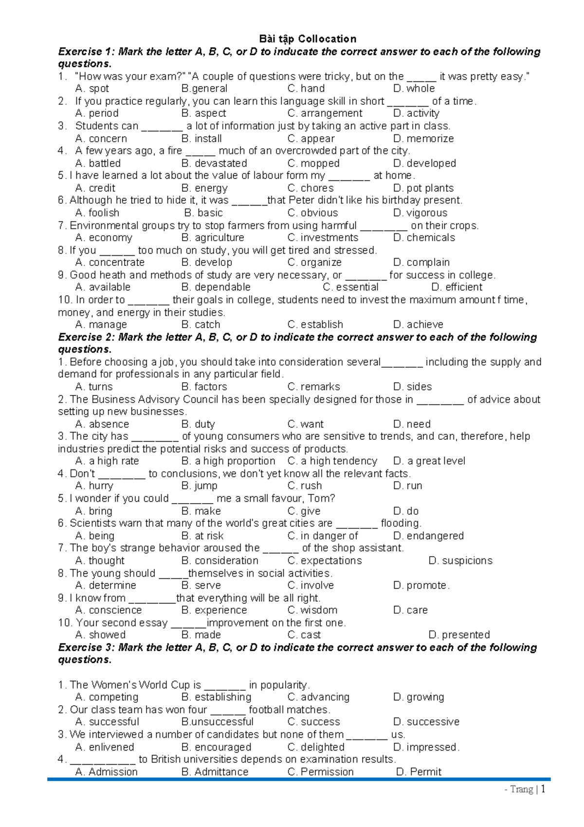 Collocation Exercise 1: Answers and Explanations for Language Skills ...