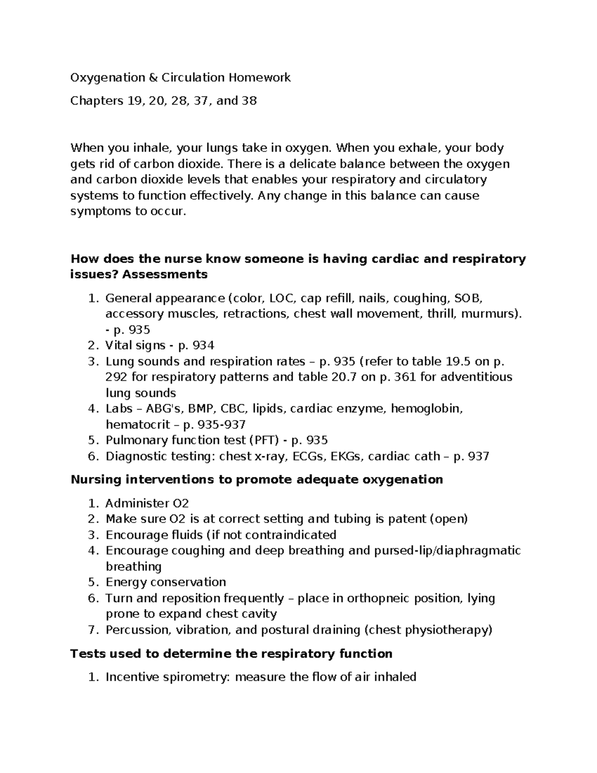 Oxygenation and Circulation Worksheet LAB - Oxygenation & Circulation Homework Chapters 19, 20 ...