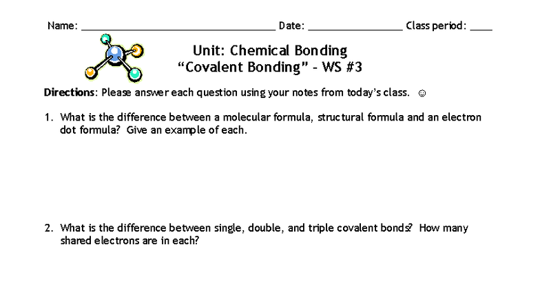 WS3-Covalent Bonding Worksheet: Chemical Bonding Concepts - Studocu