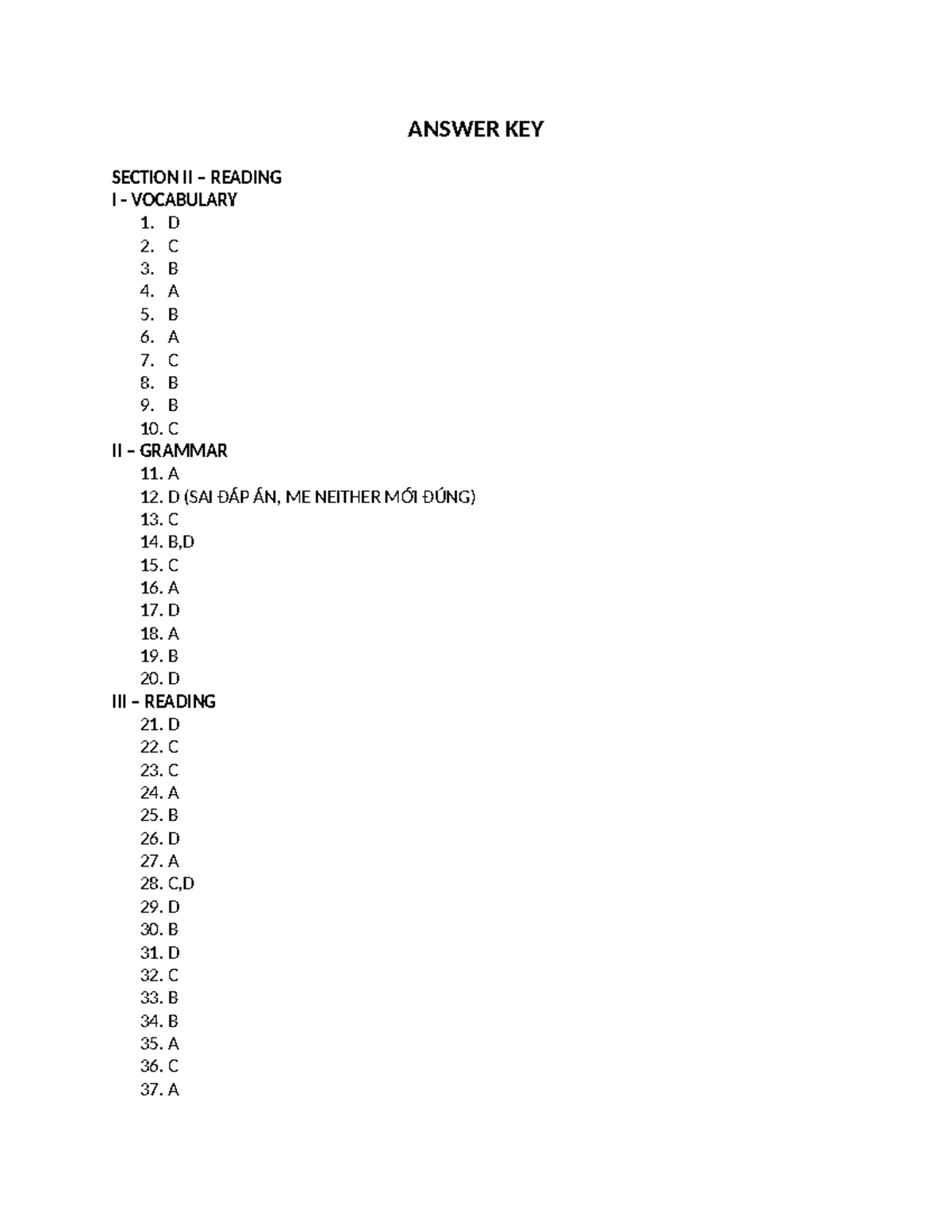 answer key - sample test - ANSWER KEY SECTION II – READING I ...
