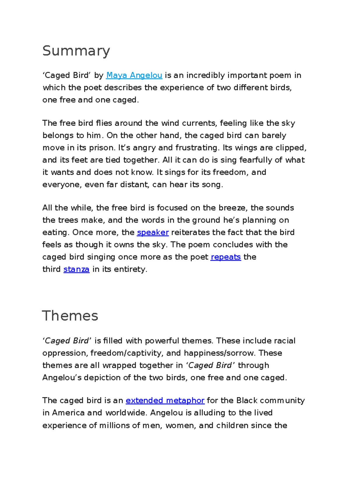 Maya Angelou’s “Caged Bird”: An Analysis of Freedom and Oppression ...