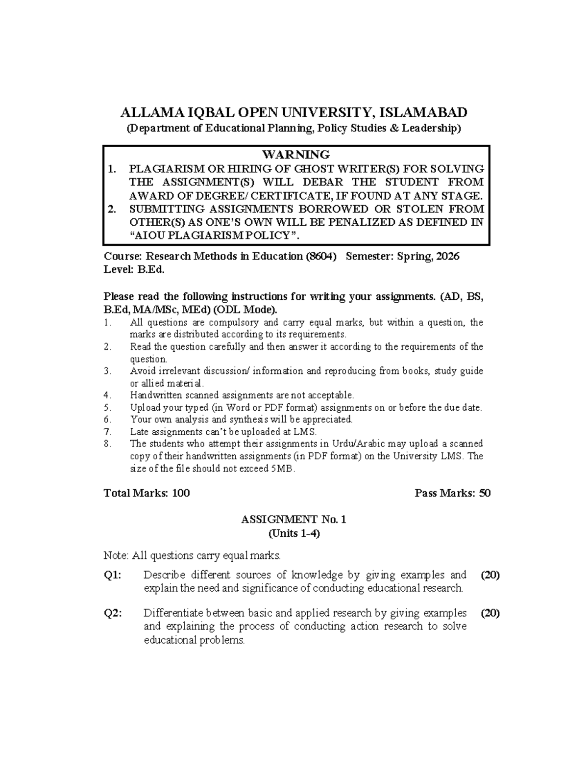 Research Methods in Education (8604) Assignment Guidelines - Spring ...