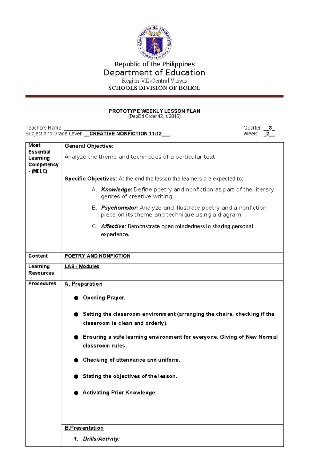 Bohol CNF Weekly Lesson Plan - Week 2: Analyzing Poetry & Nonfiction ...