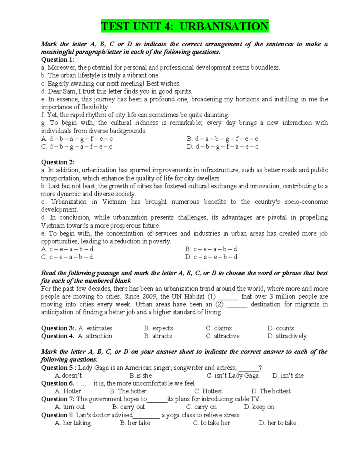 TEST UNIT 4: URBANISATION - Sentence Arrangement & Comprehension ...
