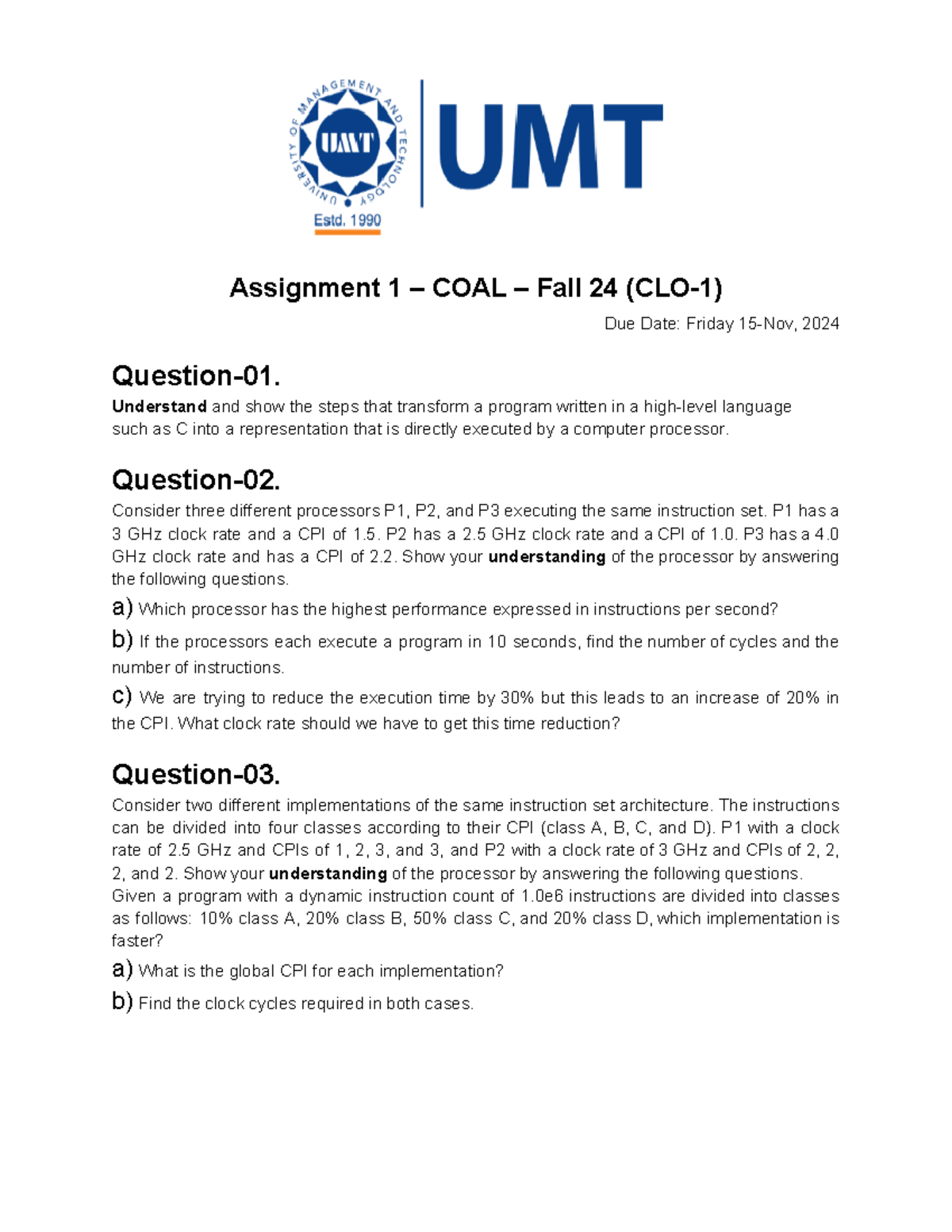 COAL A10 Assignment-1 - sdv - Assignment 1 – COAL – Fall 24 (CLO-1) Due Date: Friday 15-Nov ...