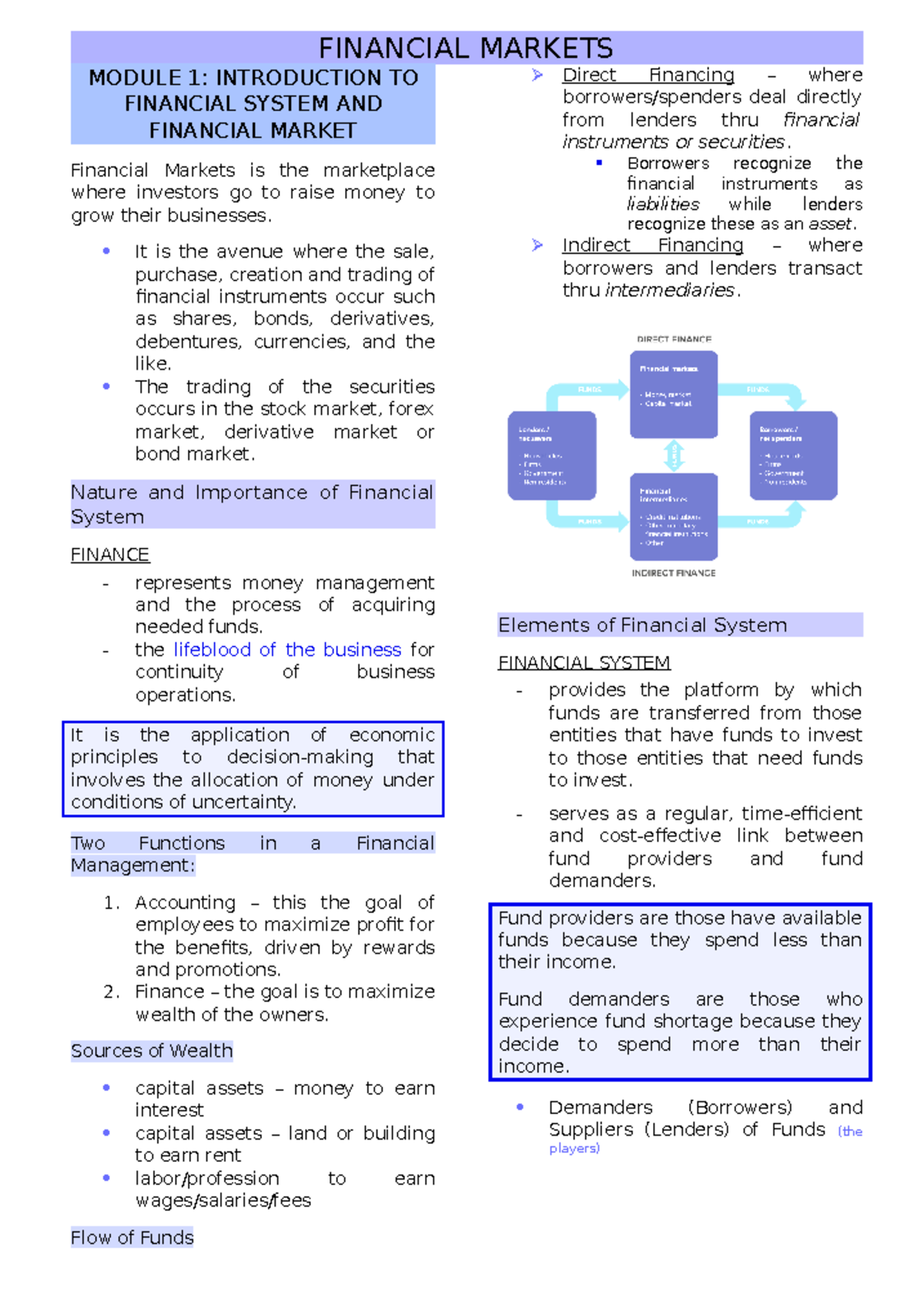 Financial Markets Overview: Notes for FIN 101 Course - Studocu