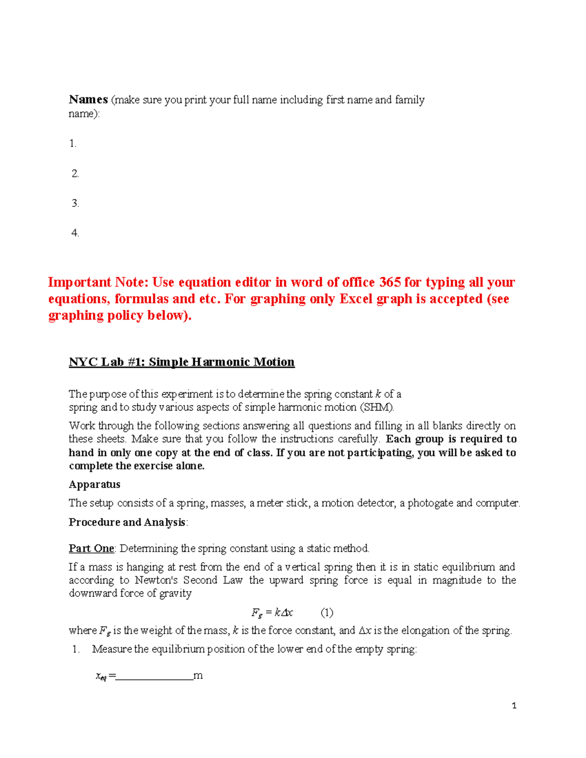 Lab 1: Simple Harmonic Motion (SHM) Experiment - Fall 25 - Studocu