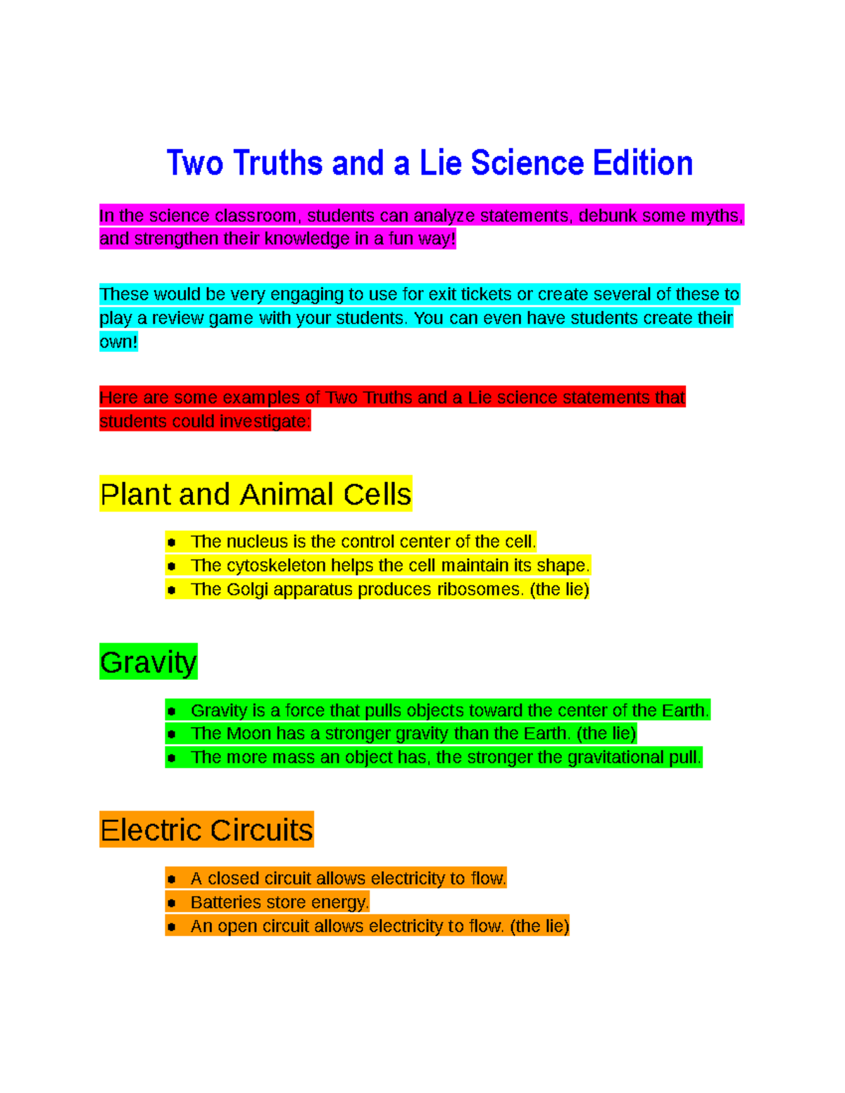 Two Truths and a Lie: Science Review Game - Studocu