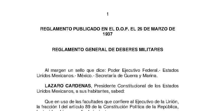Reglamento General de Deberes Militares - D.O.F. 1937 - Studocu