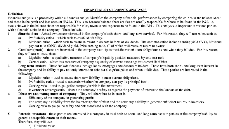 FIN 101: Financial Statements Analysis and Ratio Evaluation - Studocu