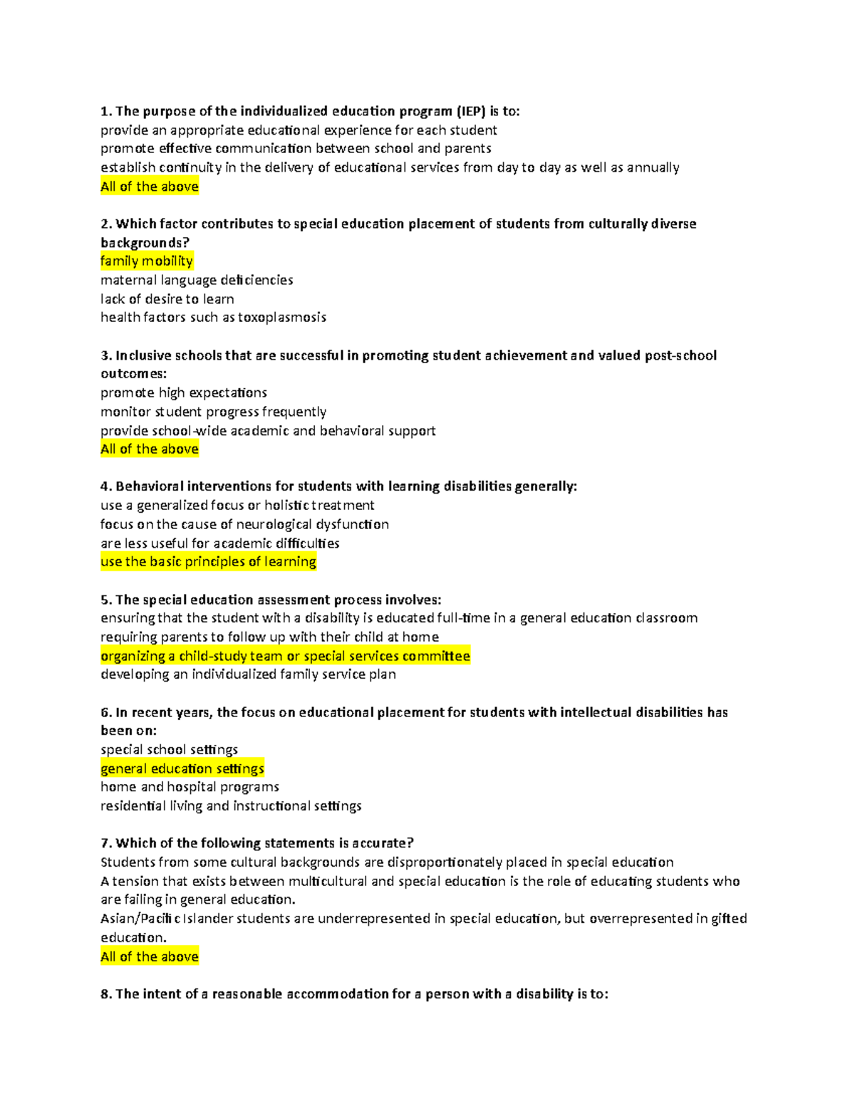PSY 230 Midterm Exam: Key Concepts in Special Education Placement - Studocu