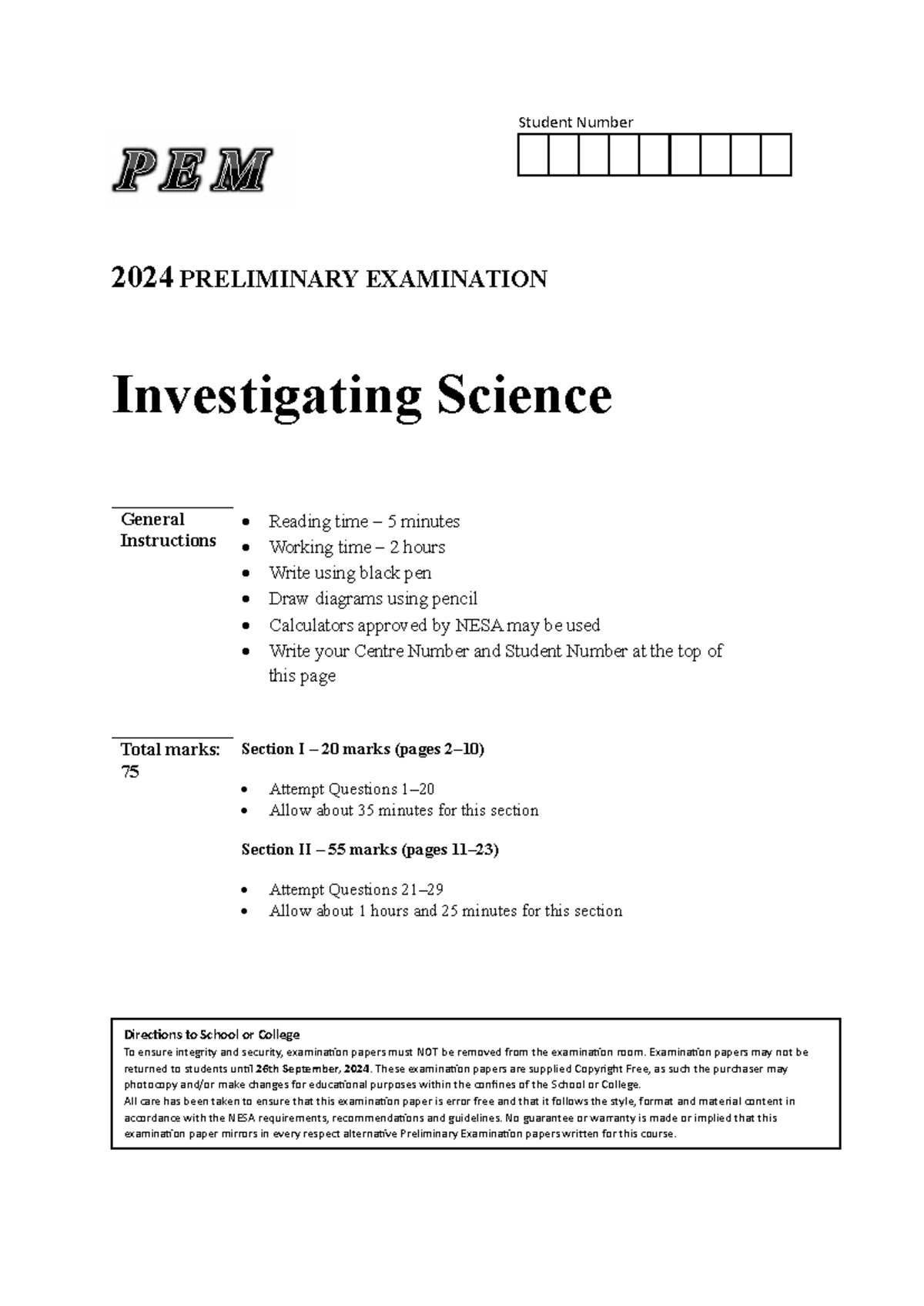 PEM 2024 Investigating Science Preliminary Exam Paper - Studocu